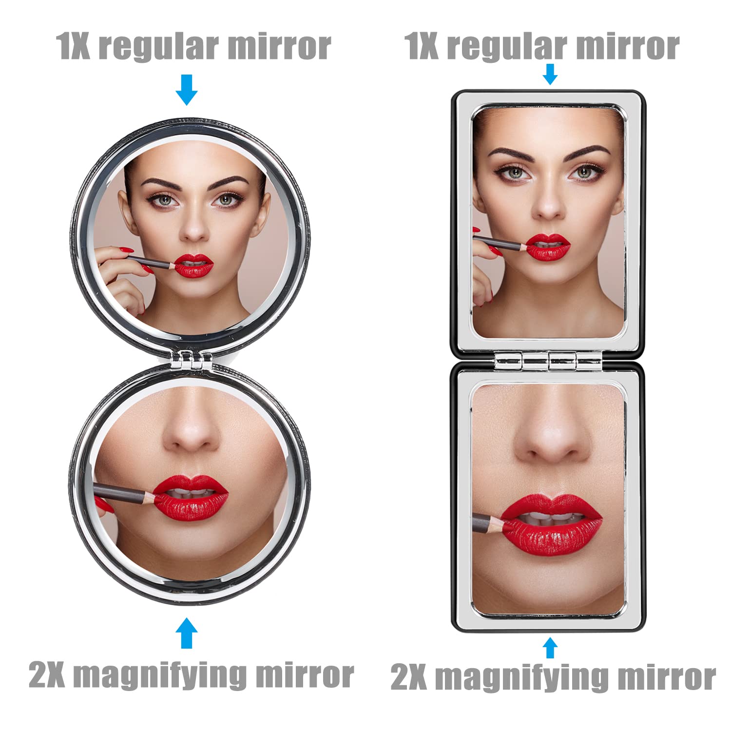 WantGor Compact Mirror, 2 Pack Makeup Mirrors Travel Black Round Portable Double-Sided Pocket Mirror for Men, Women