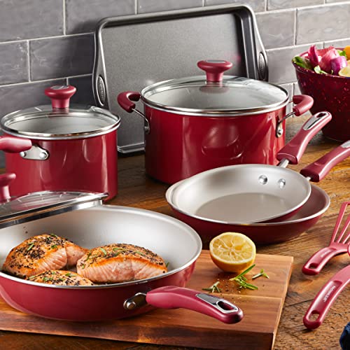 Rachael Ray Get Cooking! Nonstick Cookware Pots and Pans Set, Includes Baking Pan and Cooking Tools, 12 Piece - Burgundy,Red