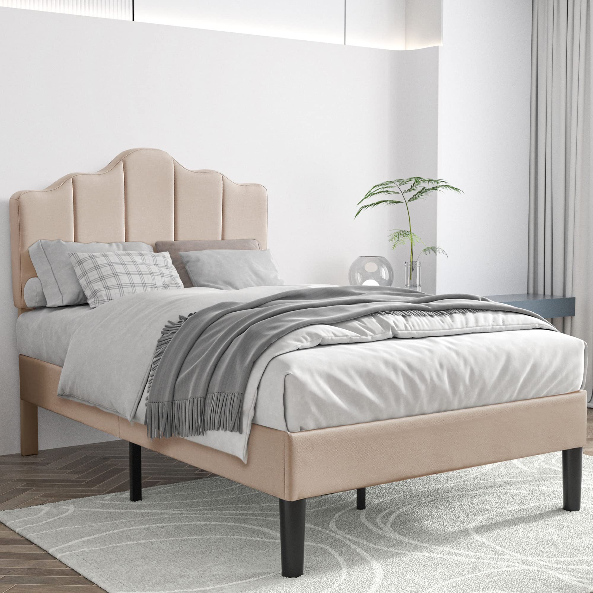 VECELO Twin Size Upholstered Platform Bed Frame with Adjustable Headboard, Wood Slat Support and Noise-Free, No Box Spring Needed, Easy Assembly