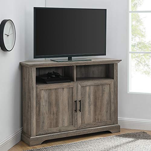 Walker Edison Laredo Modern Farmhouse Double Grooved Door Corner TV Stand for TVs up to 50 Inches, 44 Inch, Grey