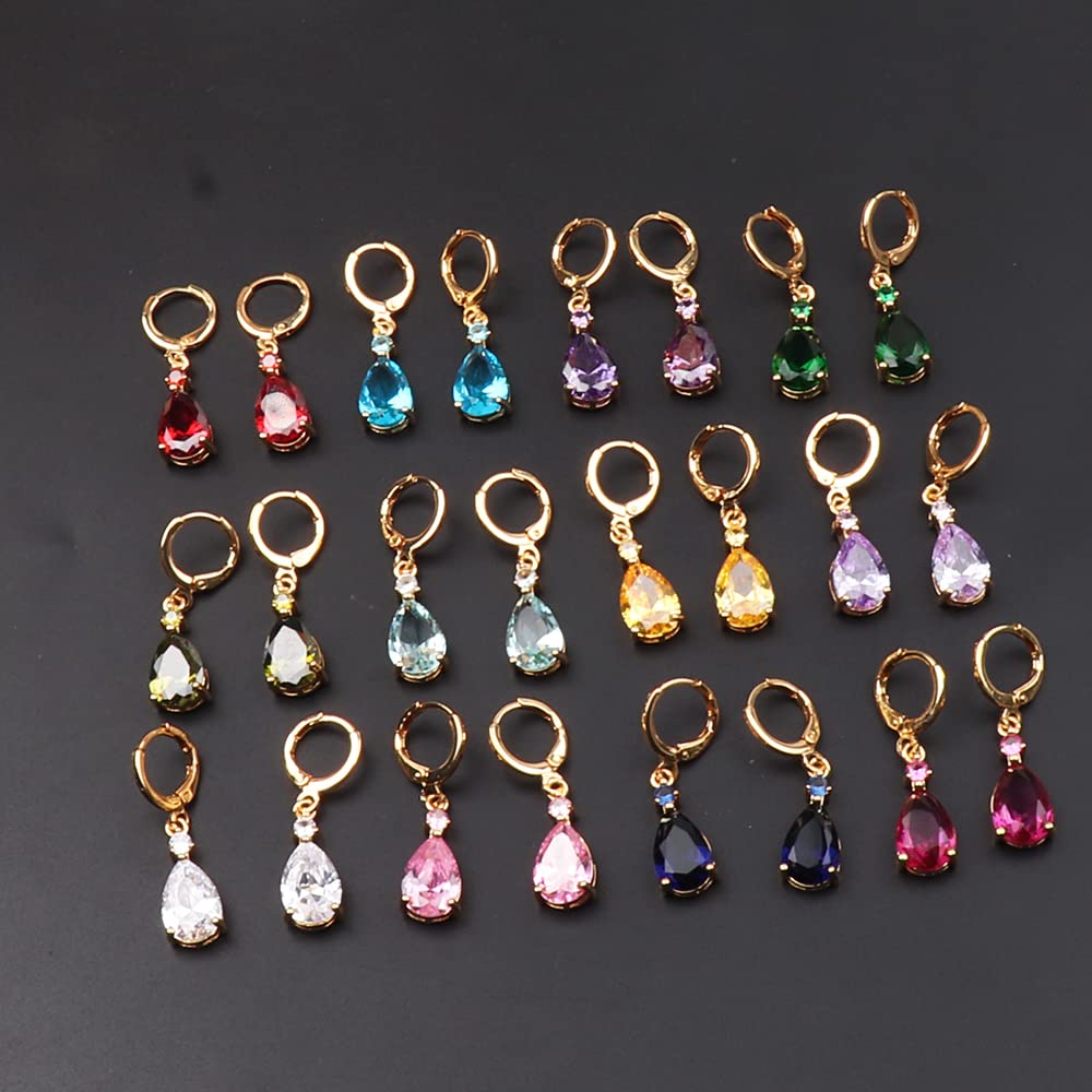 UEUC Birthstone Teardrop Dangle Earrings for Women, 14K Gold Plated Crystal Dangle Hypoallergenic Earring with Leverback(White)