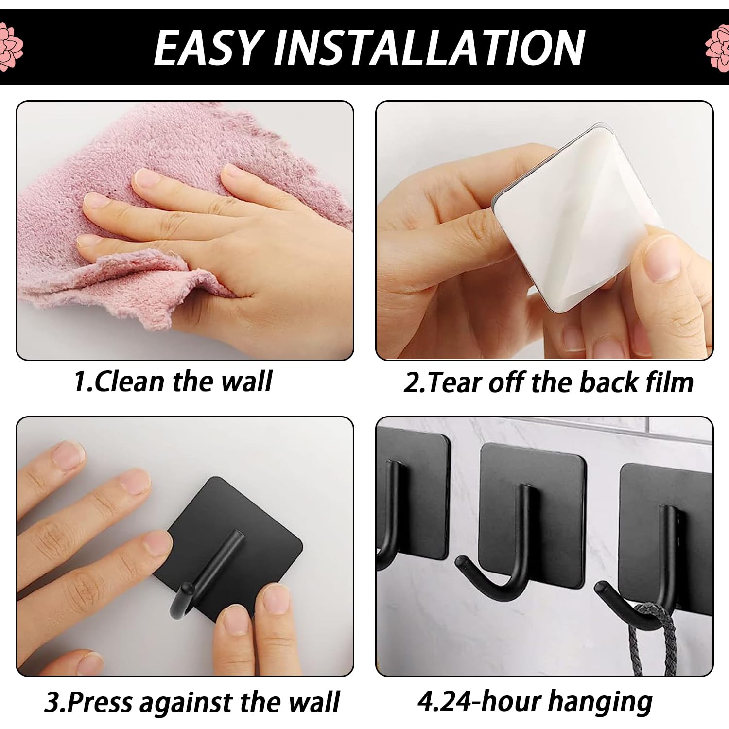 Tiankohelan 4 Pcs Stainless Steel Towel Hooks for Bathroom Kitchen Bedroom Door (Black)