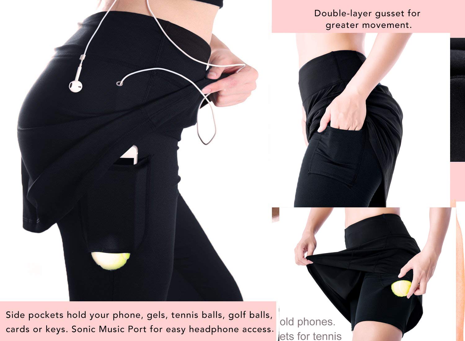 Yogipace Women's UV Protective Capri Leggings with Skirt, Running Skirted Capri, Active Skort with Golf Tennis Ball Pockets, Black, XL