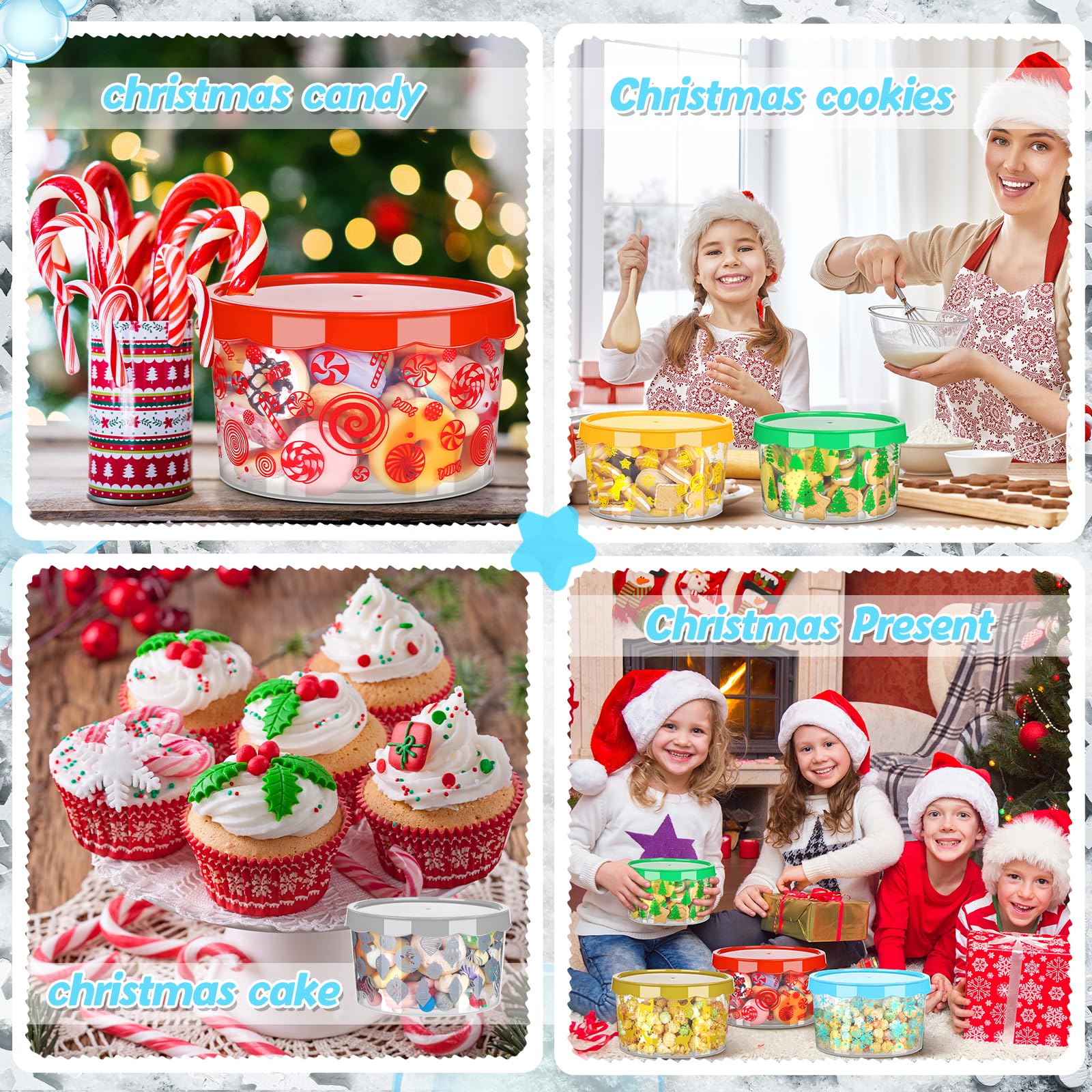 Yaomiao 6 Pcs Christmas Cookie Storage Buckets with Lids Decorative Christmas Themed Plastic Bucket Stackable Snack Container Cookie Jars Winter Candy Containers for Holiday Baked Goods Gift Giving