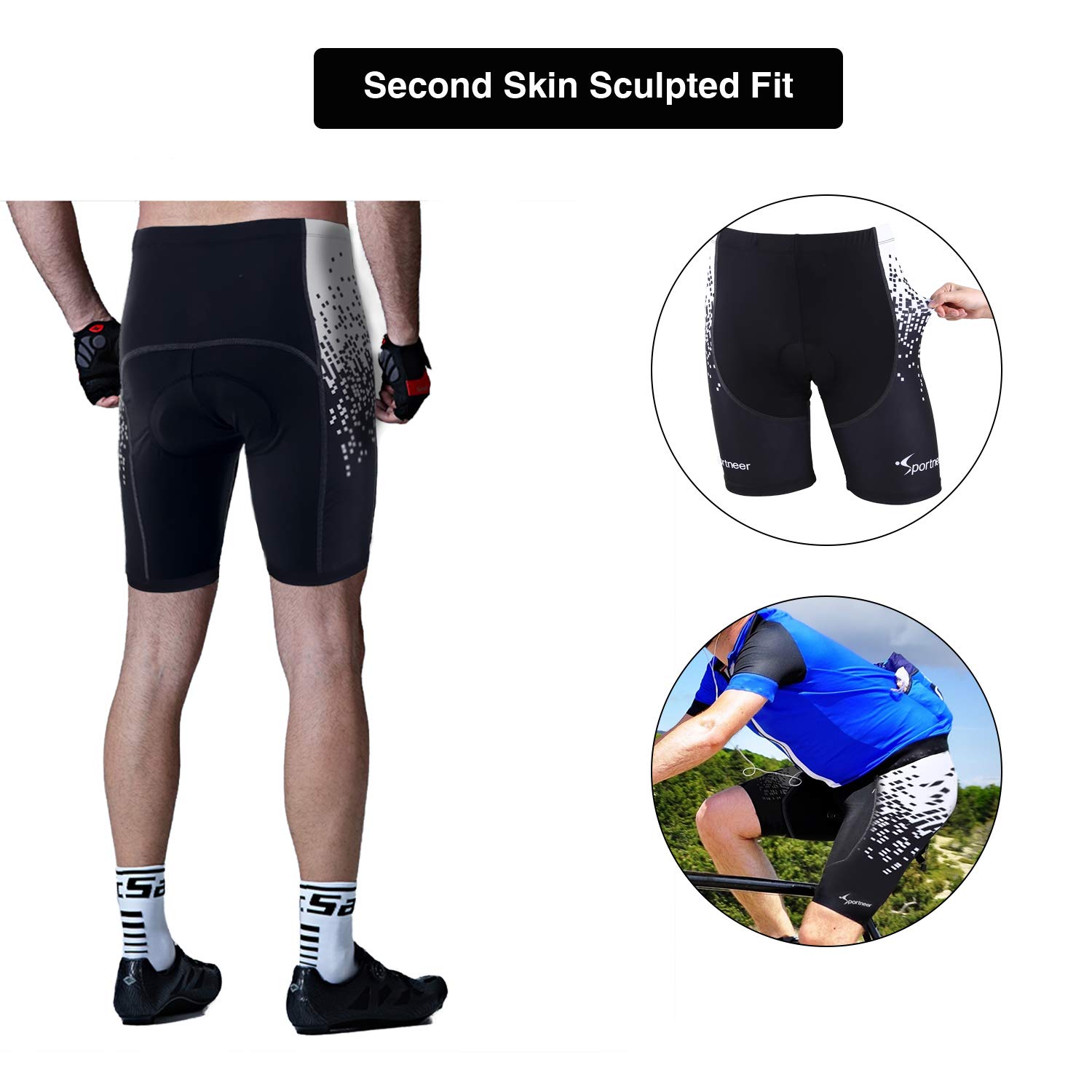 Sportneer 4D Padded Cycling Men's Shorts Black-White