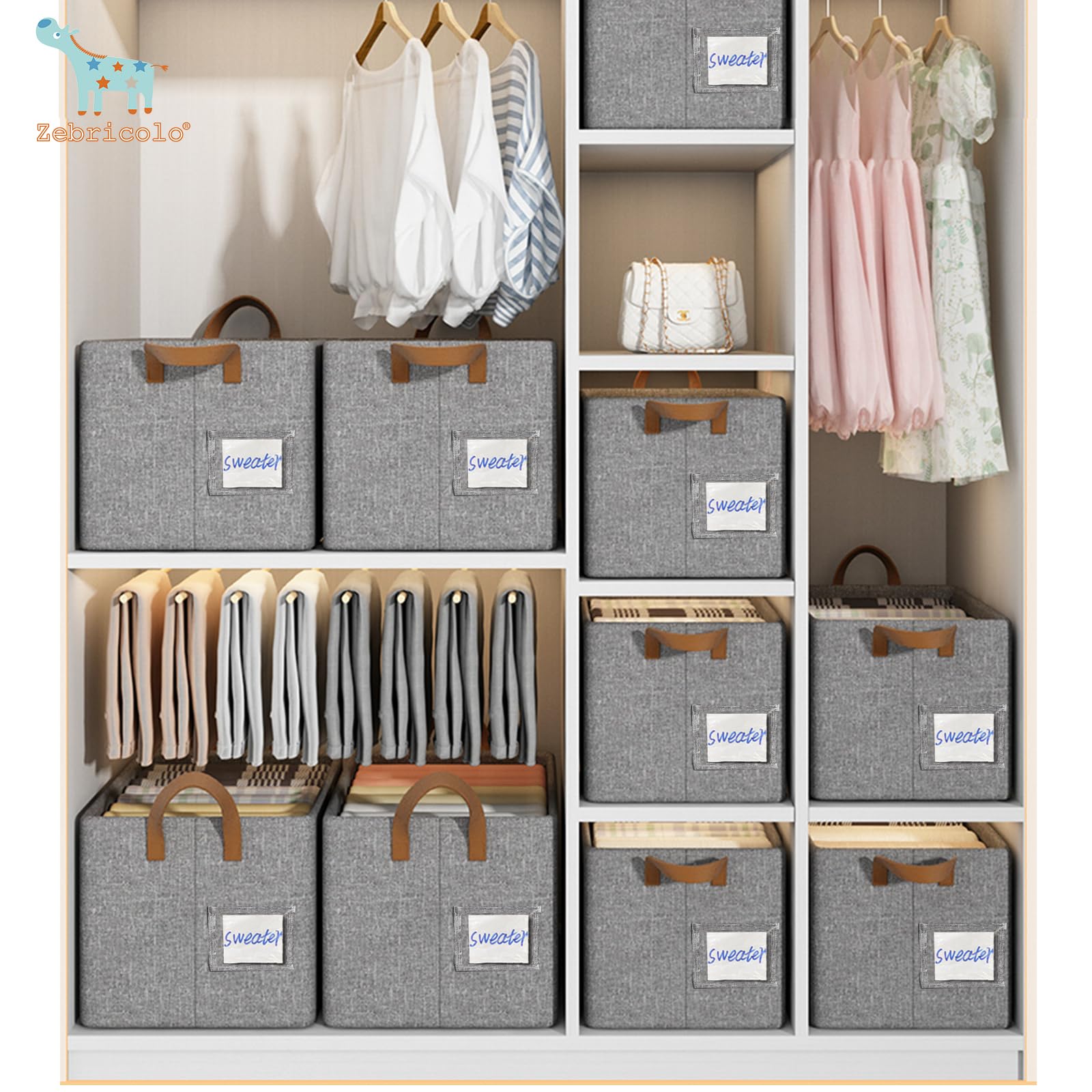 zebricolo 2-Pack | storage baskets for shelves | 16.6"| large storage baskets |2 with Double Label | closet baskets and bins for shelves | Big and deepl | rectangle storage basket |Grey