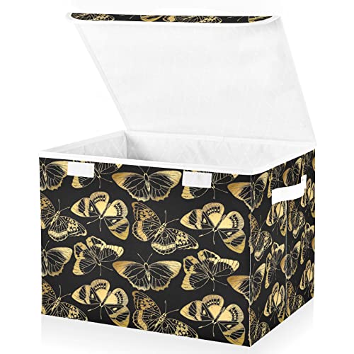 SDMKA Beautiful Gold Butterflies Storage Bins with Lids Foldable Storage Cube Boxes Fabric Storage Organizer Basket for Home, Bedroom, Office, Closet (16.5x12.6x11.8)