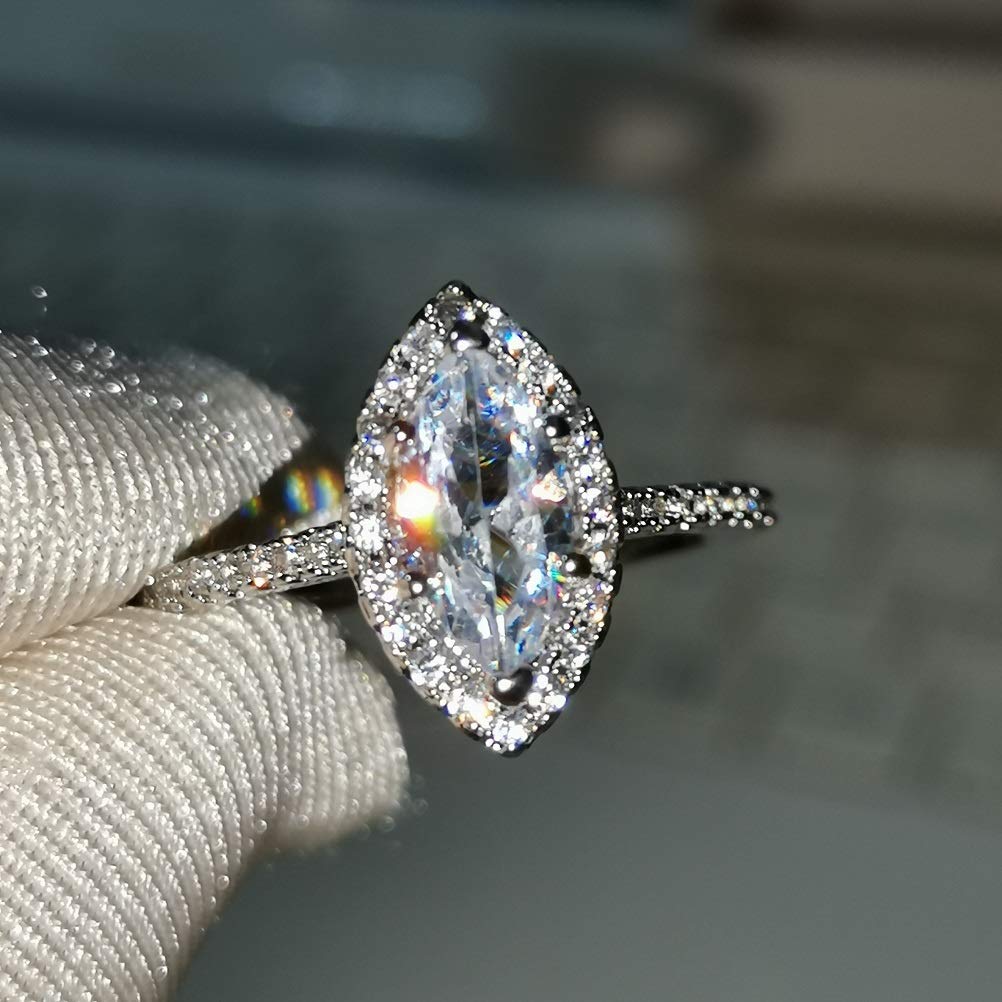 XIALV 1.95 Carat Plated Silver Marquise Cut Cubic Zirconia CZ Statement Halo Art Deco Cluster Engagement Ring Jewelry Gift for Women (US Code 6)