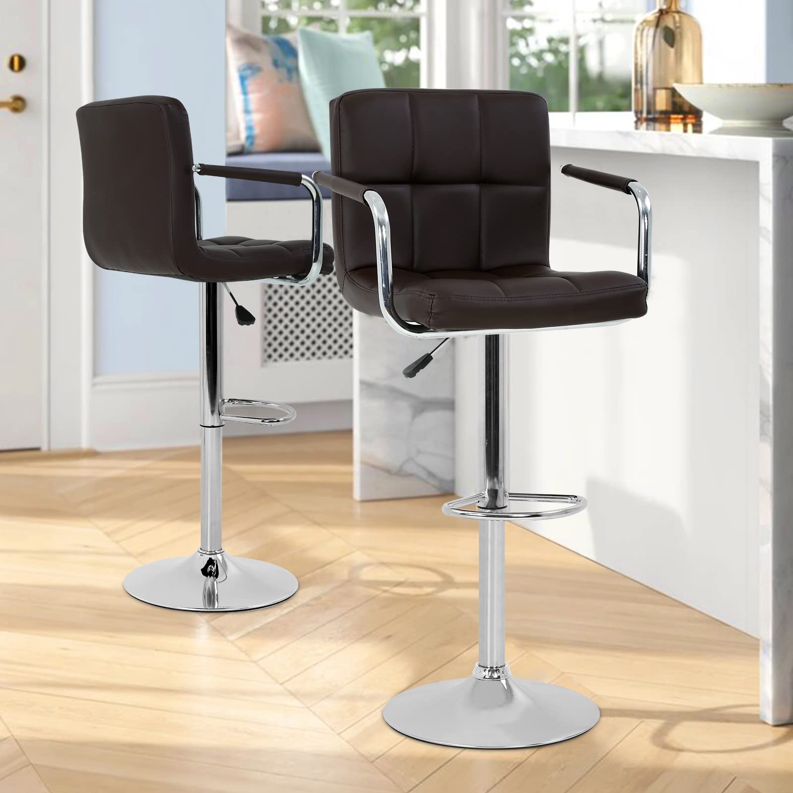 Tyyps Bar Stools Set of 2 Black Bar Chairs Arms, 360 Degree Swivel Counter Height Stools Adjustable Bar Stool Back and PU Leather Bar Chair Modern Island Chairs for Kitchen Dining Room Pub (White)