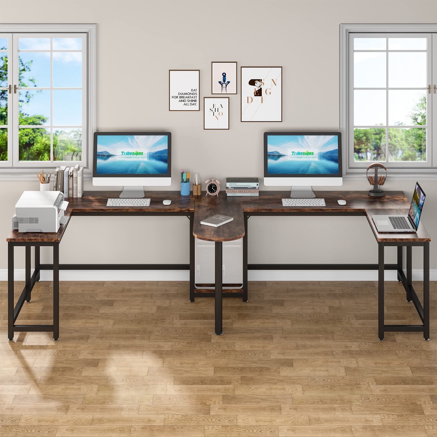 Tribesigns 126 inch Double Computer Desk, Extra Long Two Person Desk, U Shaped Large Office Desk Writing Table Computer Workstation with Printer Stand Shelf and Host Storage for Home Office
