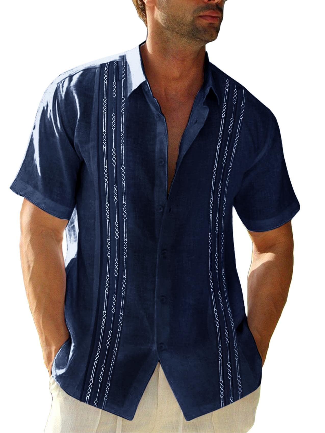 Runcati Mens Short Sleeve Guayabera Shirts Linen Cotton Button Up Mexican Embroidered Cuban Wedding Shirt Navy