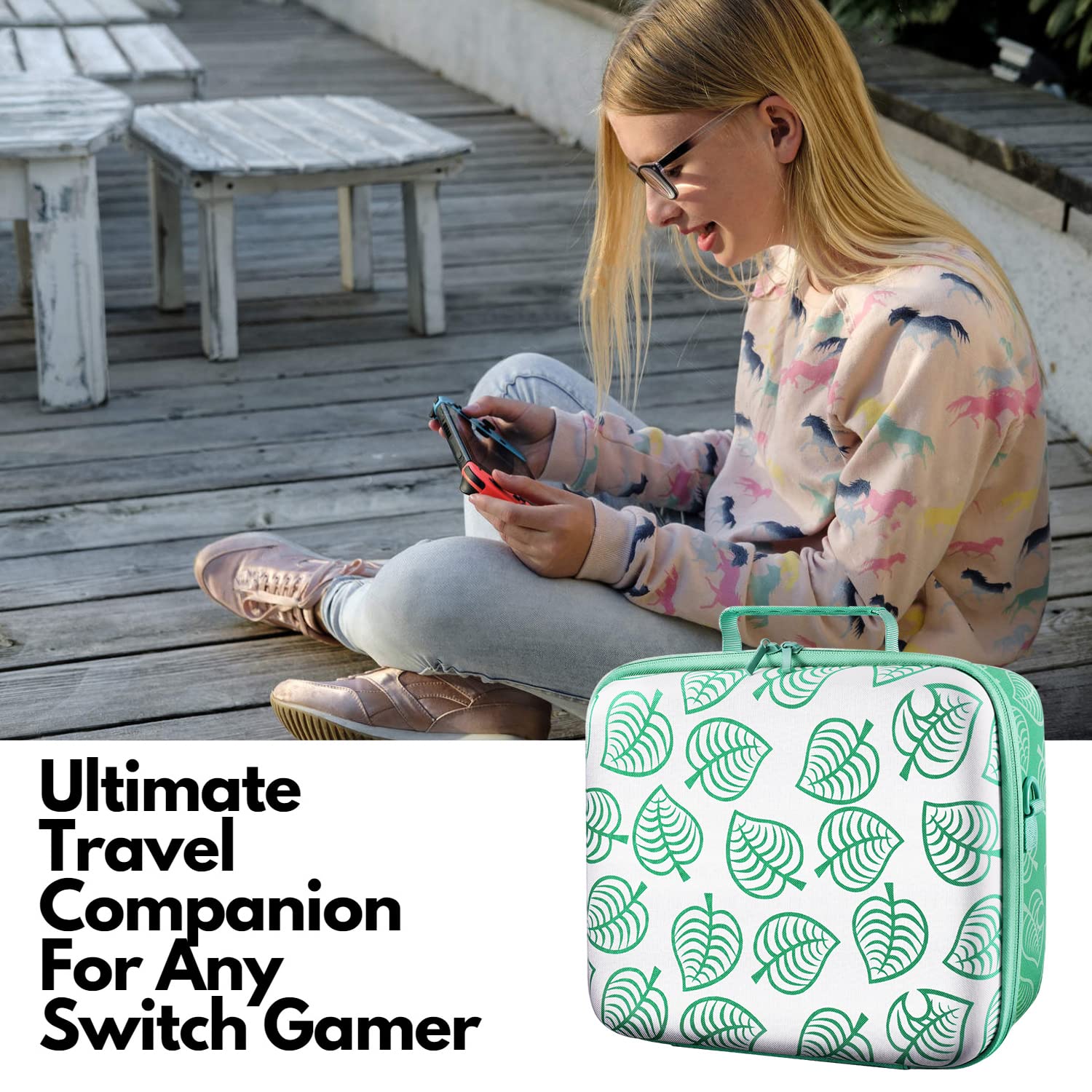 TNP Travel Hard Shell EVA Portable Kit Case for Nintendo Switch New Horizon Animal Leaf Crossing, Switch Lite, Joy-Cons, Docking Station, AC Adapter, HDMI Cord, Game Cartridges, Storage Bag