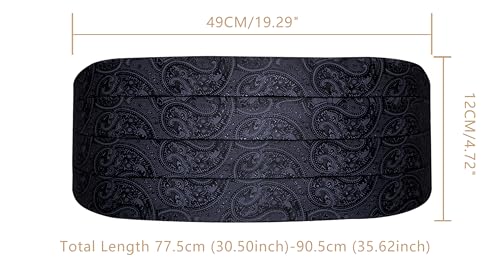 YOHOWA Men Cummerbund Bow Tie Set Paisley Black Silk Pre-Tied Bowtie Pocket Square Cufflinks Formal Wedding Party Prom Banquet