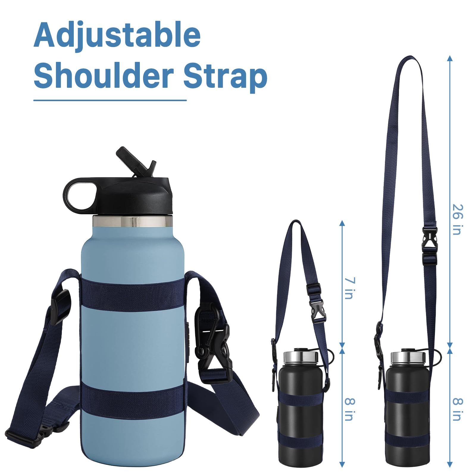 Water Bottle Holder with Strap, Water Bottle Carrier with Adjustable Shoulder Strap & Carabiner for 12/25/32/40/64 oz Universal/Hydro Flask Water Bottles for Walking Hiking Gym (Bottle Excluded)