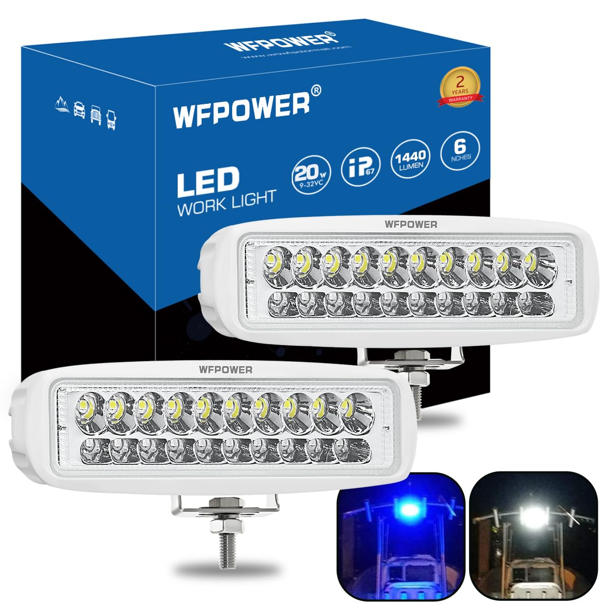 WFPOWER LED Marine Boat Lights, 6.3Inch White & Blue Spreader 2 In 1 Deck Spot Light IP67 Waterproof Double Row T-Top Dock Fog Spotlights for Pontoon Boat Fishing Accessories Truck 12V 24V (2 Pack)