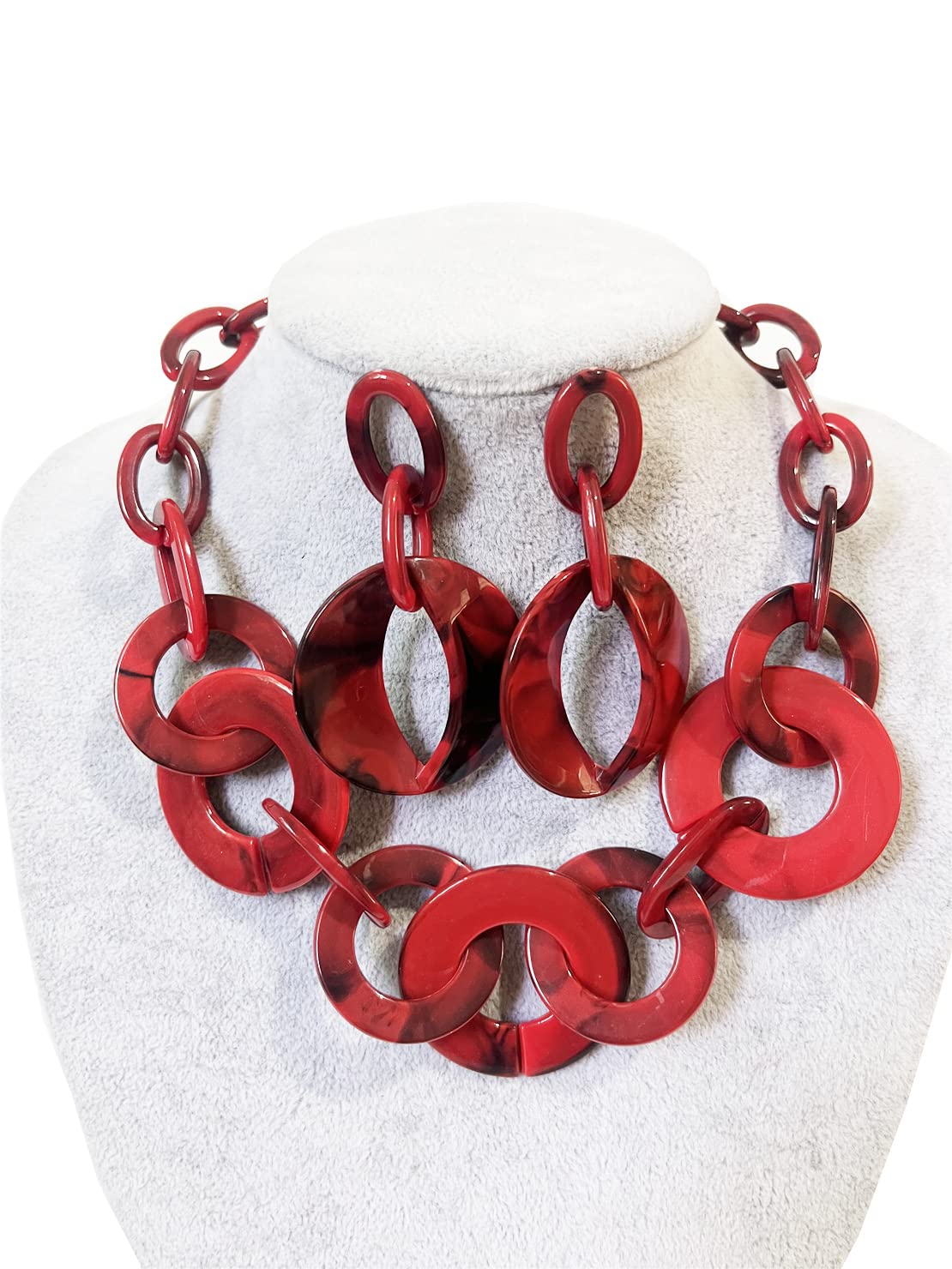 Ufraky Women Simple Acrylic Collar Choker Cluster Bib Statement Chain Necklace and Hoop Earring Jewelry Set, 18" (Red)