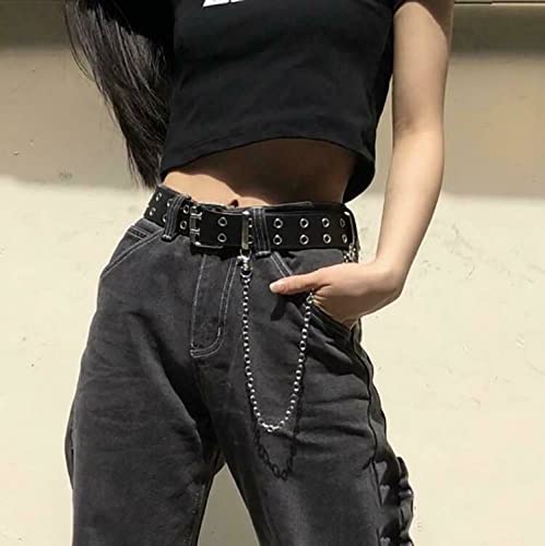 UTOWO Women Grommet-Belt with Chains Waist Belt Punk Style PU Leather (Black1) (free, Black1)