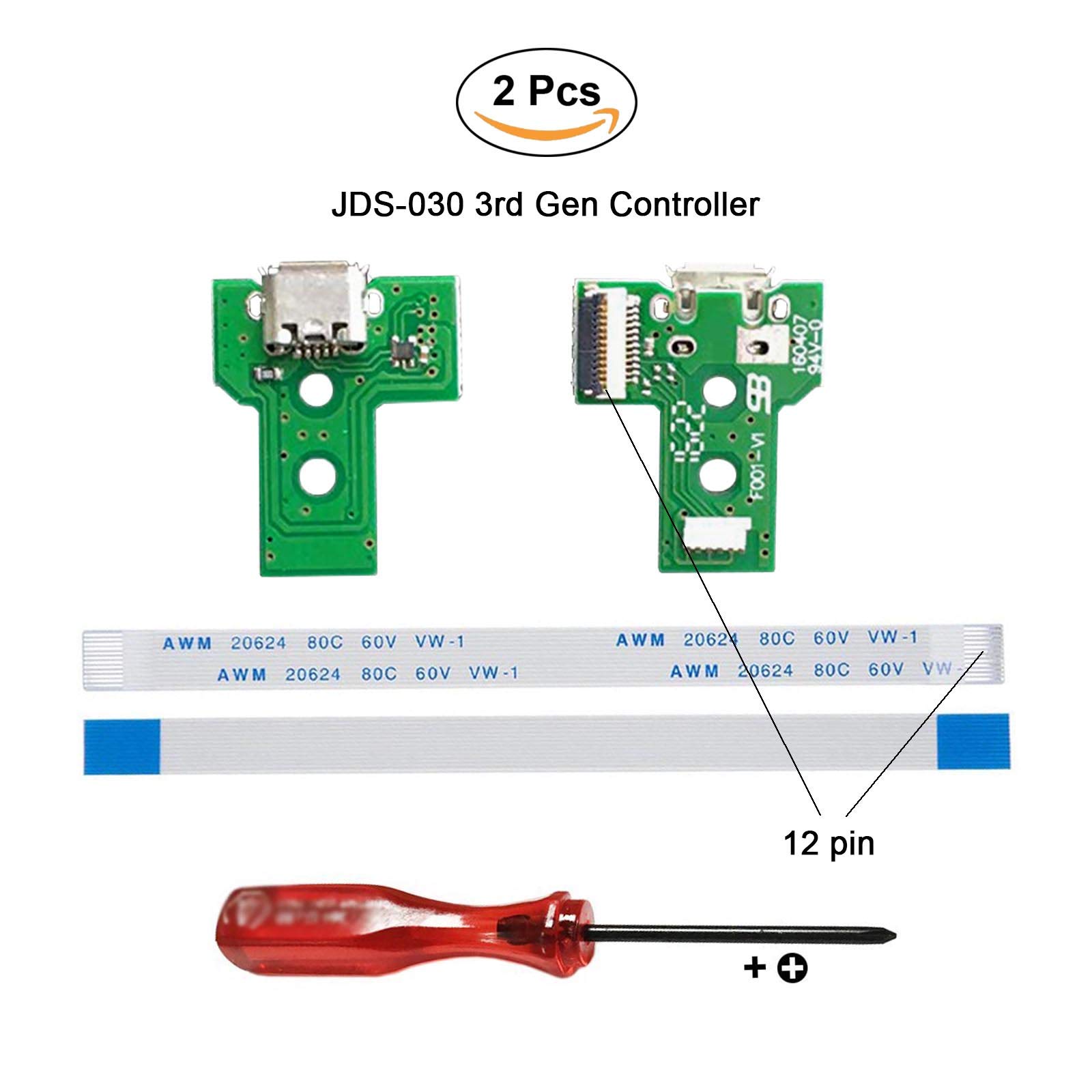 Rinbers® USB Charging Port Charger Socket Circuit Board JDS-050 FJDS-055 for Sony PlayStation PS4 5th Gen Controller with 12 Pin Cable