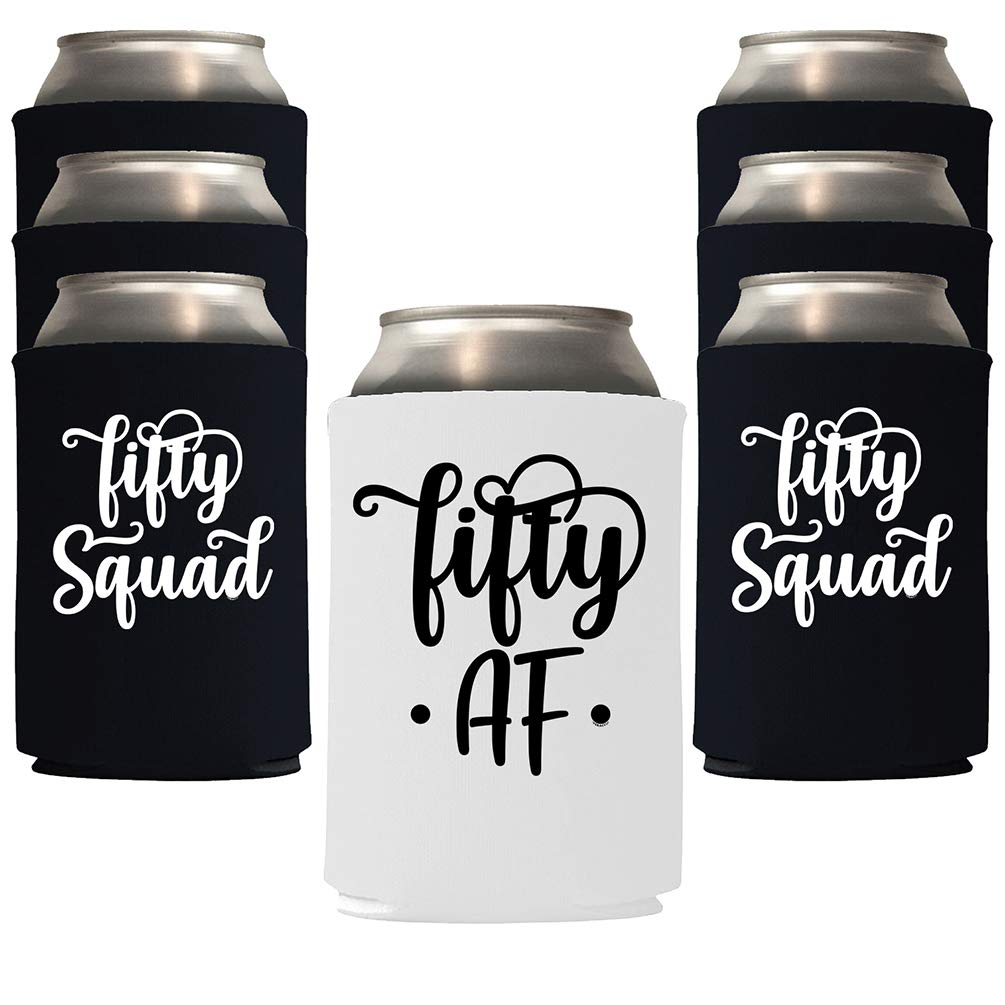 Veracco Fifty AF 50 Years Can Coolie Holder 50th Birthday Gift Fifty Squad and Fabulous Party Favors Decorations (Black/White, 12)