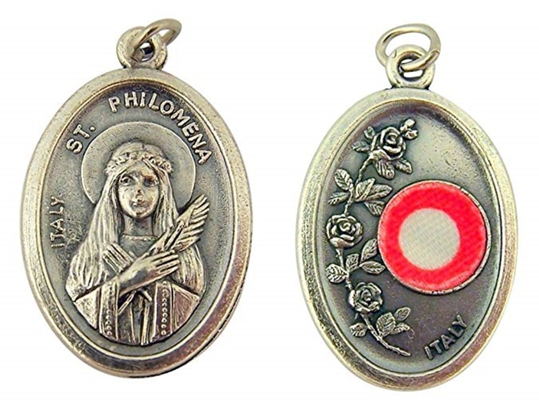 Silver Toned Base Saint Philomena 3rd Class Piece of Cloth Relic Medal, 1 Inch