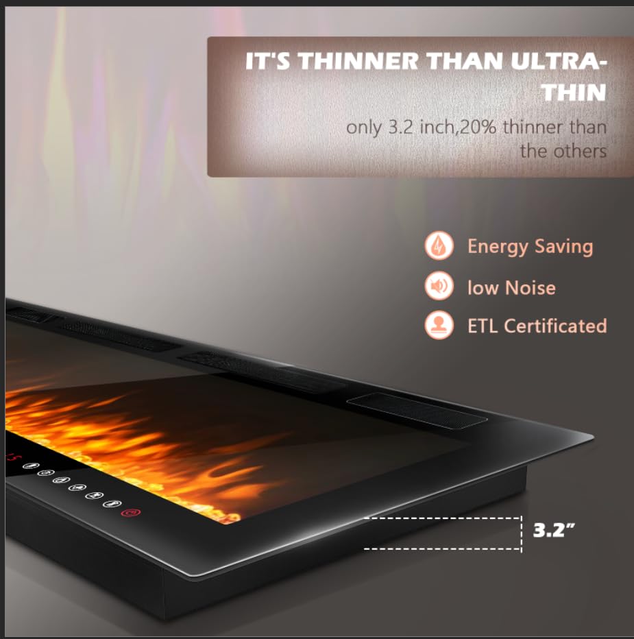 Waleaf 50 inch Ultra-Thin Electric Fireplace Wall Mounted/Recessed,Fireplace Heater with Multicolor Flame,Timer Low Noise 750/1500W,with Remote Control Touch Screen