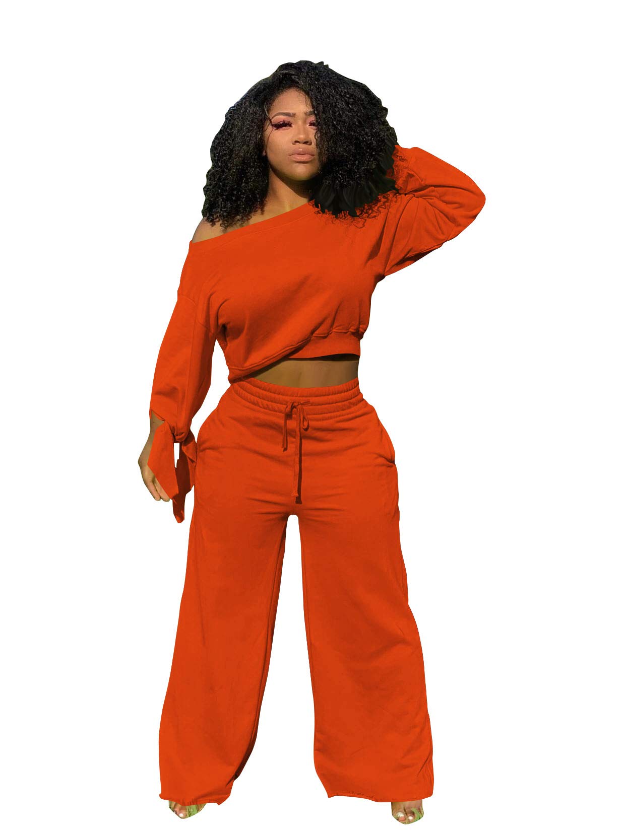 TOPSRANI Women's 2 Piece Outfits Casual Solid Sweatsuits Baggy Long Sleeve Loose Matching Wide Leg Tracksuit Pants Sets Orange L