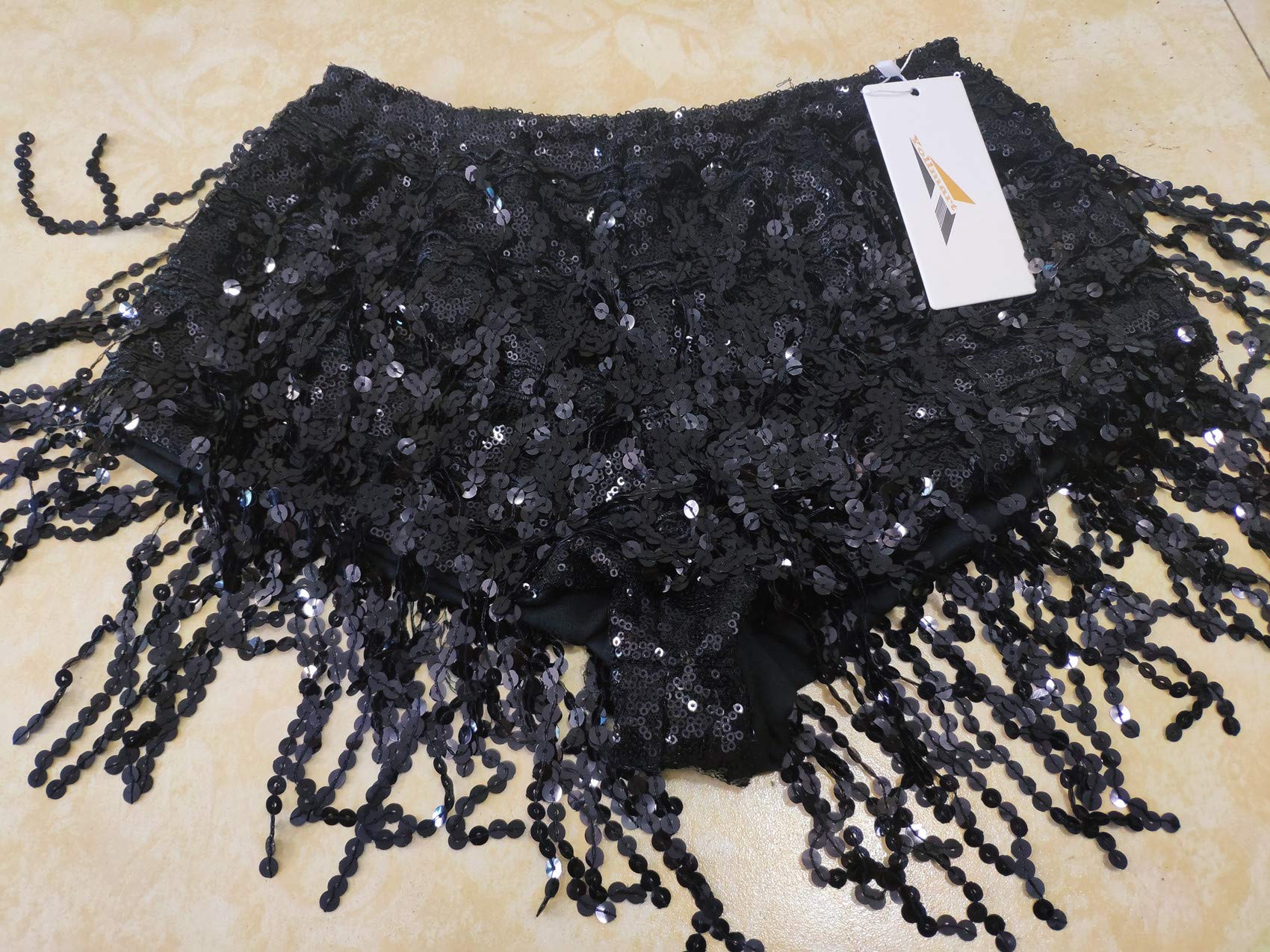 Yollmart Women's Sequins Tassel Skirts Shorts Booty Dance Festival Bottoms (US, Alpha, Large, Regular, Regular, Black)