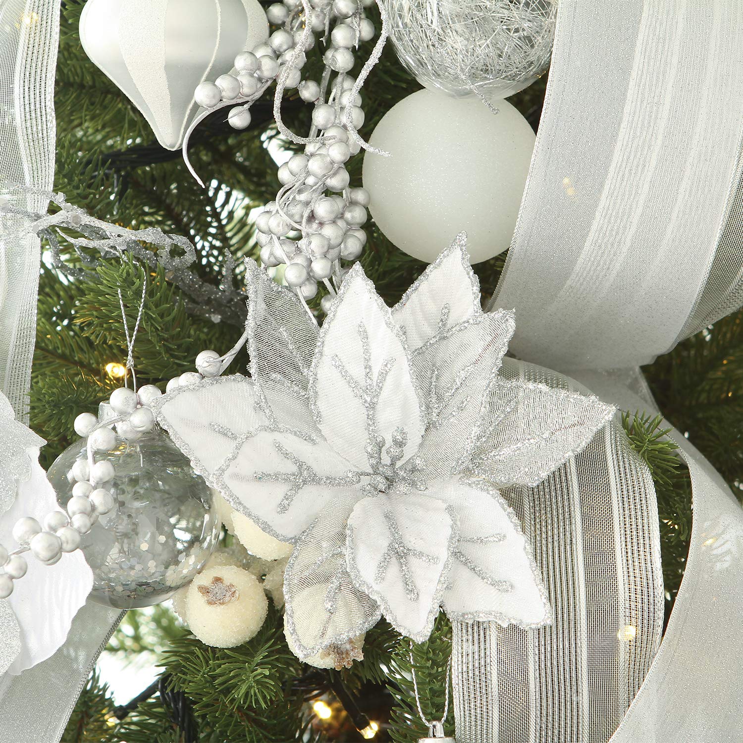 Sea Team 12-Pack Artificial Glitter Poinsettia Christmas Flower Ornaments Tree Decorations, 6.5-inch, Silver