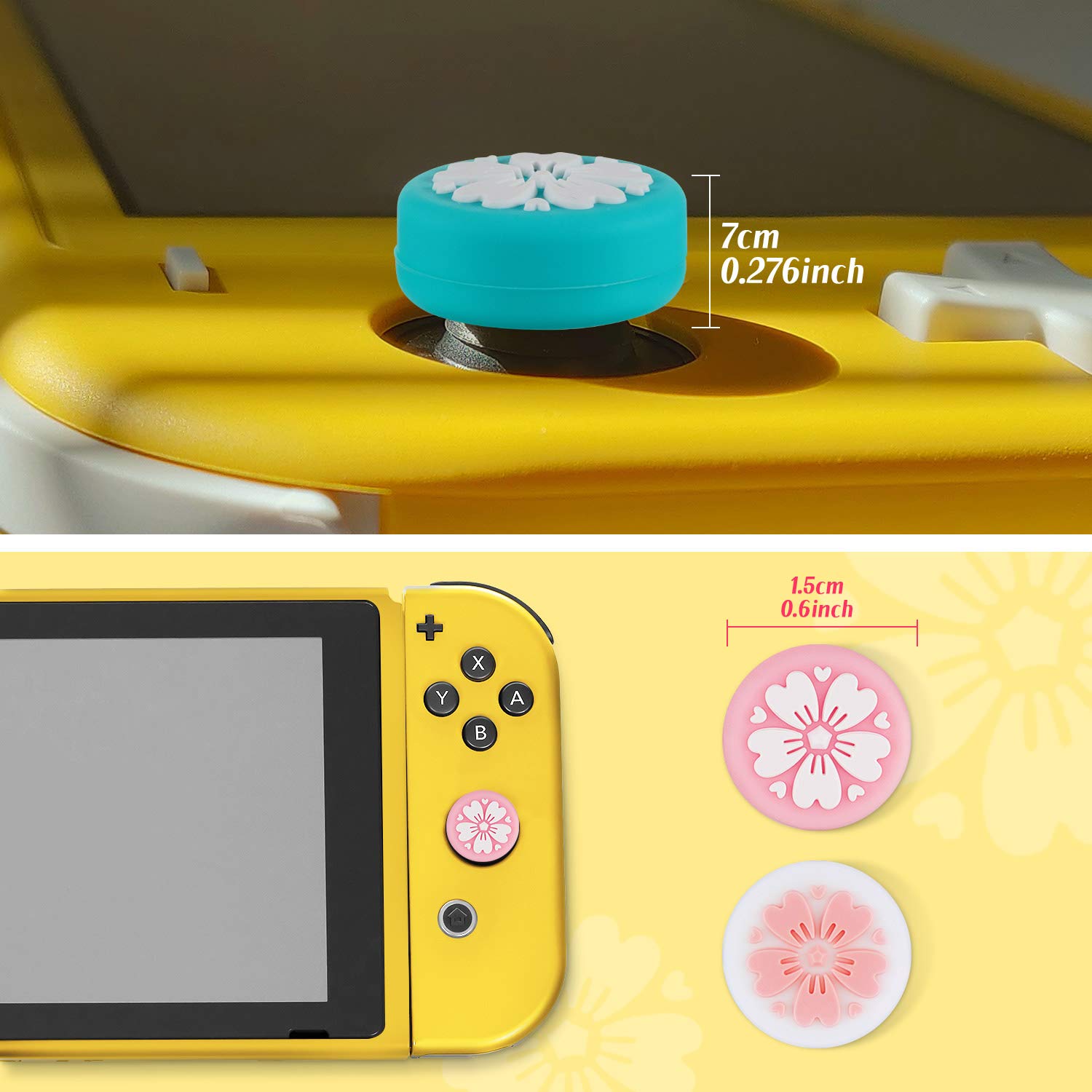 Sunmind 16 Pieces Sakura Flower Thumb Grip Cover, Thumb Grip Thumb Stick Grips Silicone Cover Compatible with Nintendo Switch and Lite, Joy-Con Controller (Pink White Turquoise Yellow)