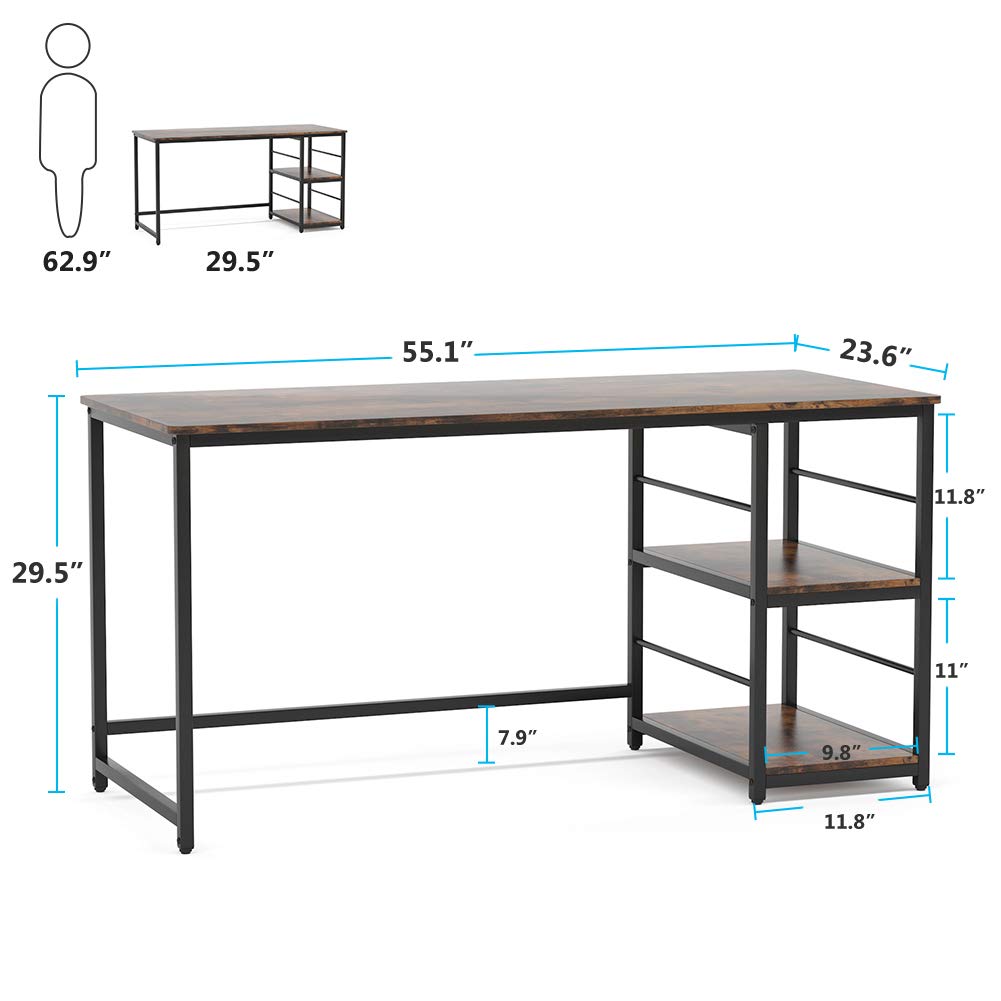 Tribesigns 55 Inch Computer Desk with 2-Tier Storage Shelves, Rustic Modern Home Office Desk Study Table Studying Writing Desk Workstation for Home Office (55 Inch, Retro Brown)