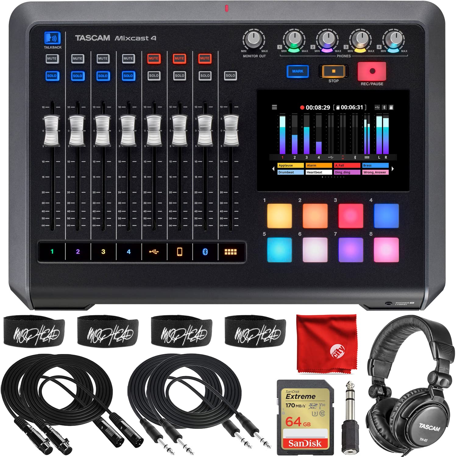 Tascam Mixcast 4 Podcast Mixer Built-in Recorder/USB Audio Interface Bundle with Tascam TH-02 Headphones, 64GB SDXC Memory, 2x 10-Foot TRS Cable, 2x 10-Foot XLR Cable, 4x Cable Tie, Microfiber Cloth