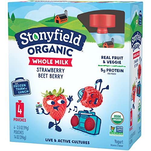 Stonyfield Organic Kids Strawberry Beet Berry Whole Milk Yogurt Pouches, 3.5 oz., 4 Ct – Real Fruit and Veggie; On The Go Snack and Breakfast Addition