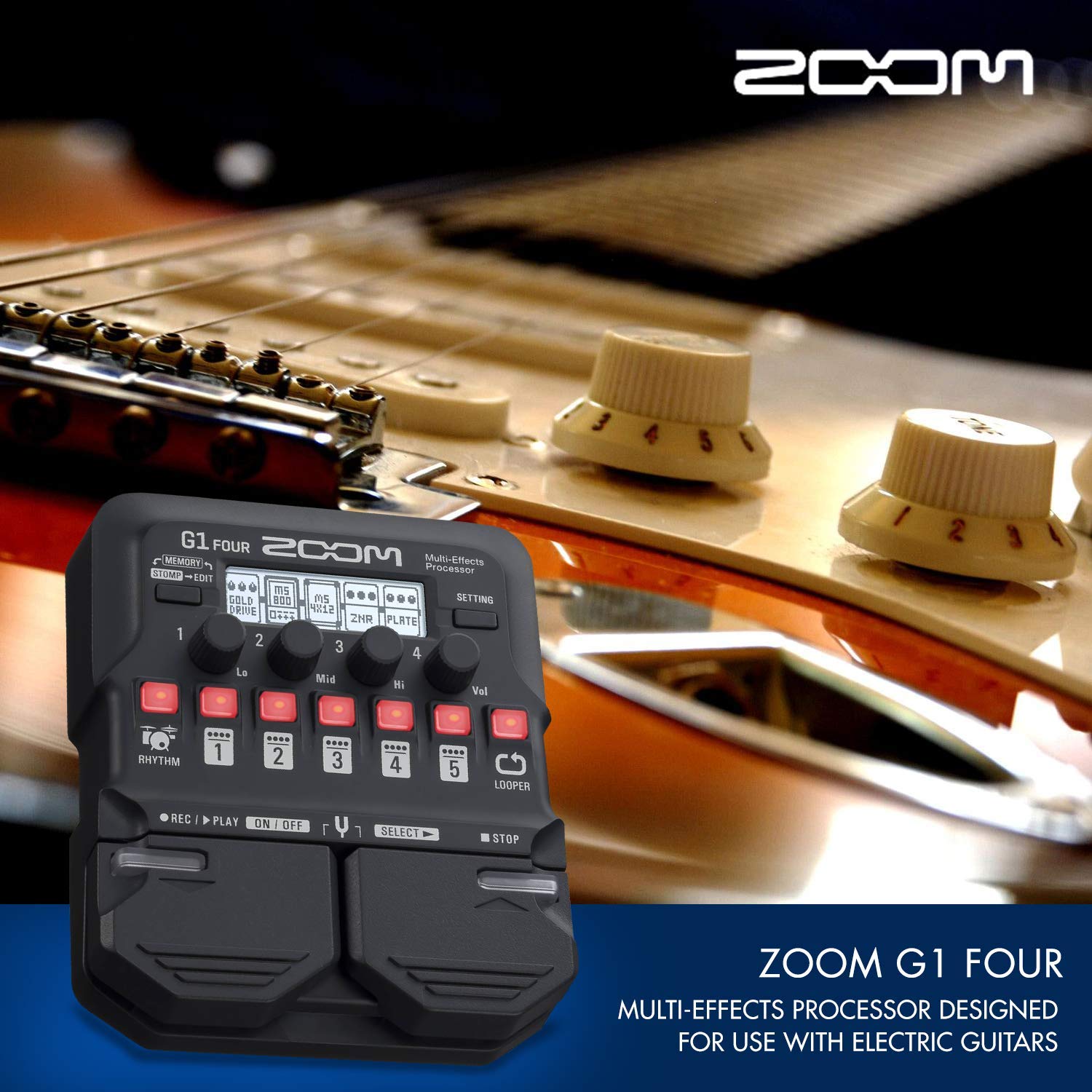 Zoom G1 Four Guitar Multi-Effects Processor + SR360 Over-Ear Dynamic Stereo Headphones, Rechargeable AA Batteries with Quick Travel Charger and Cable Accessories