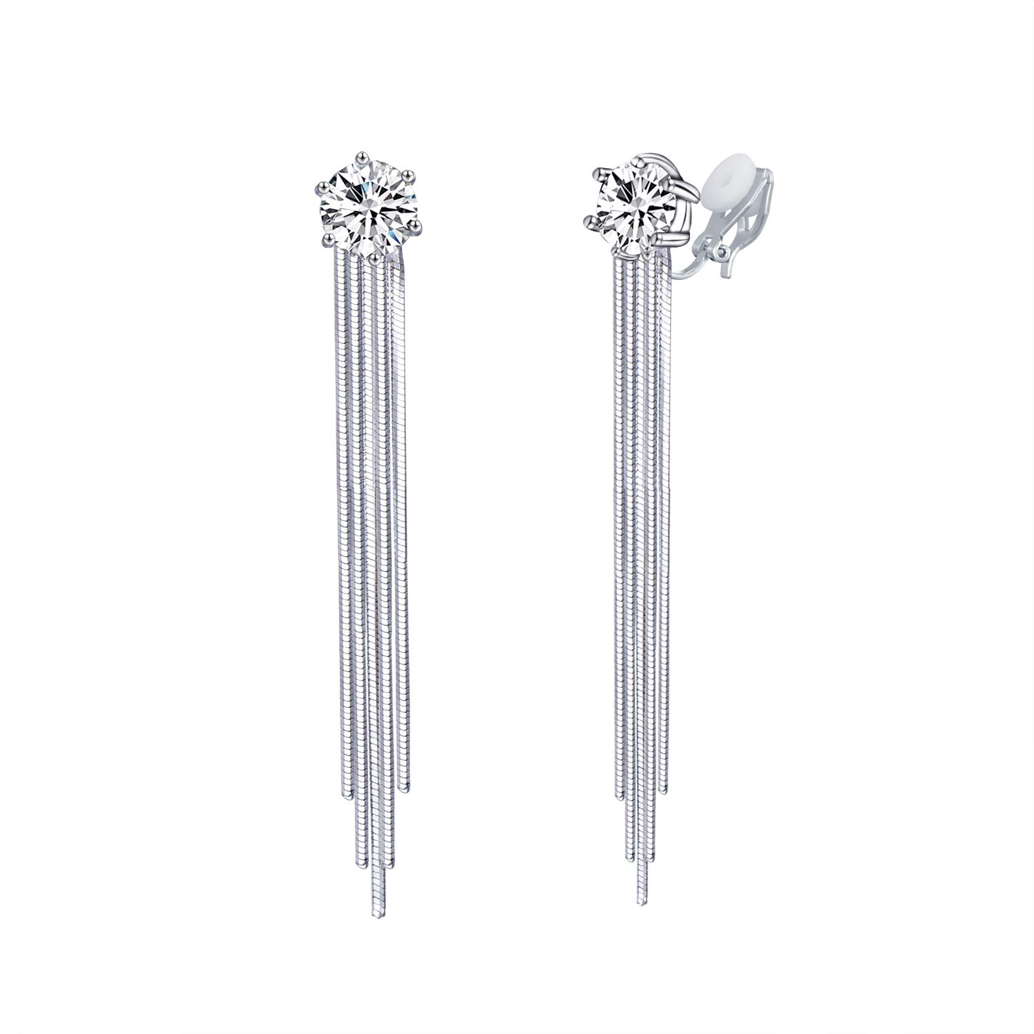 YOQUCOL 7MM Bright Cubic Zirconia Crystal Tassel Dangle Clip On Long Drop Non Pierced Wedding Earrings For Women