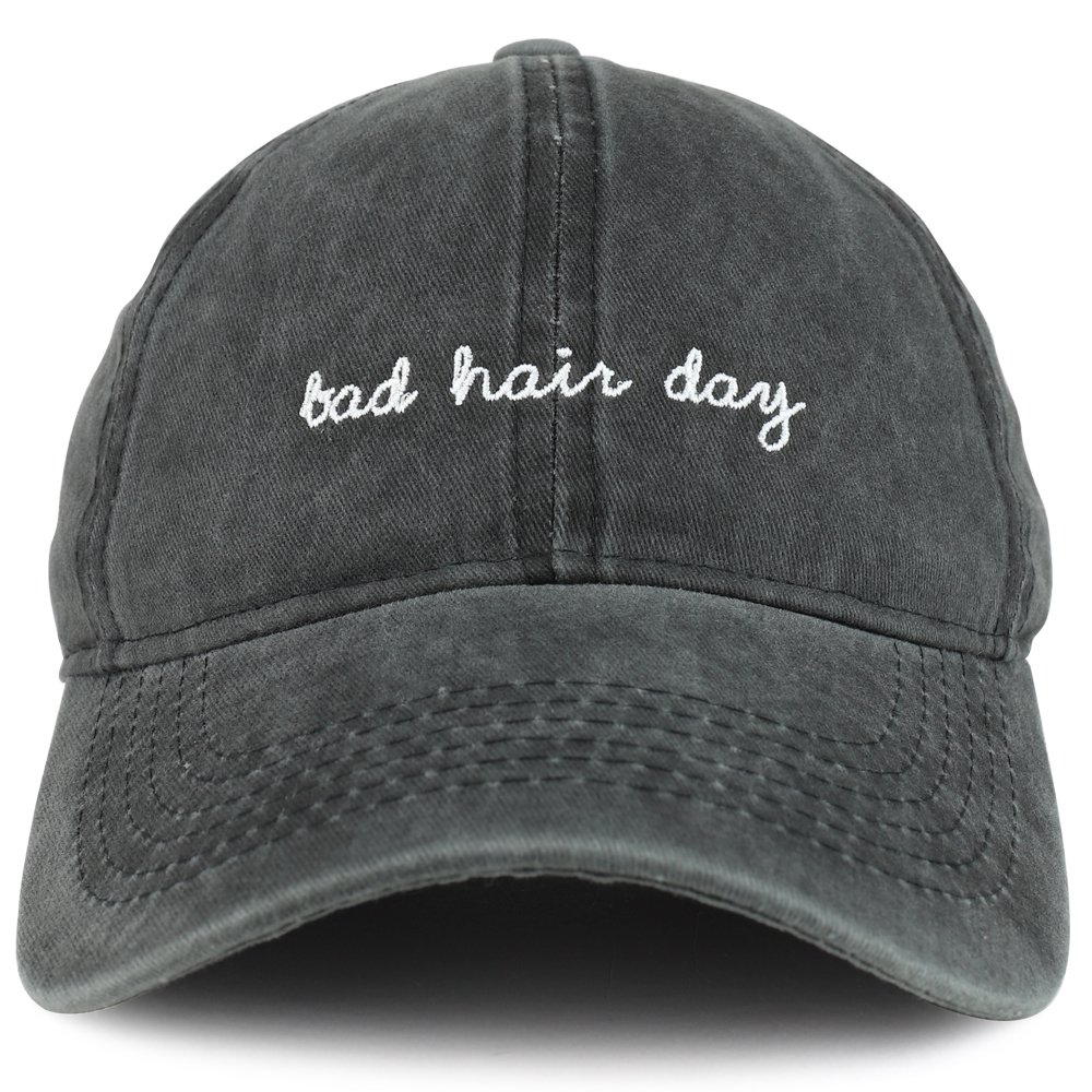Trendy Apparel Shop Bad Hair Day Embroidered Unstructured Washed Cotton Baseball Dad Cap - BLACK