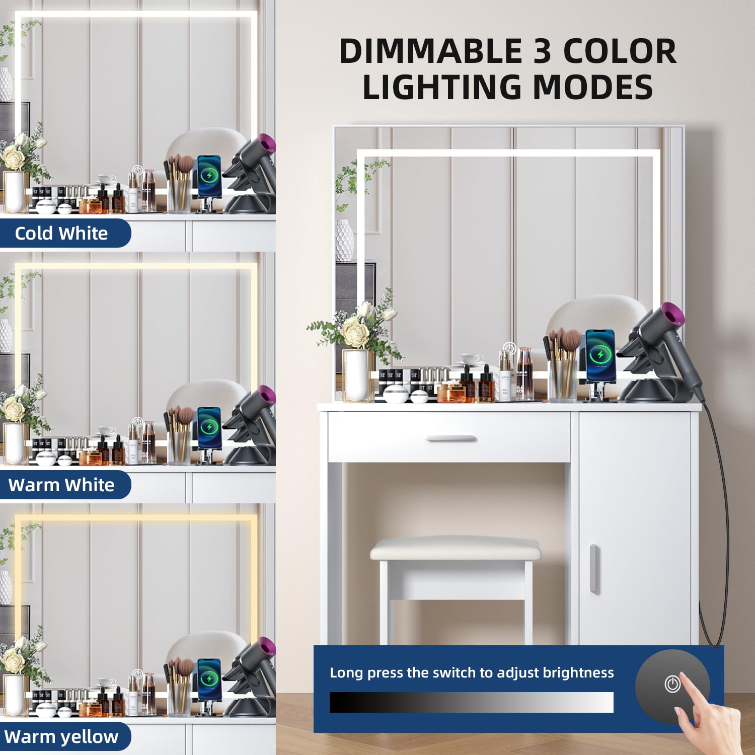 SMOOL Makeup Vanity Table with Large Lighted Mirror & Power Outlet, 3 Color LED Modes Desk Slidding Storage, Drawer Cabinet, White Soft Cushioned Stool for Bedroom 35.4''