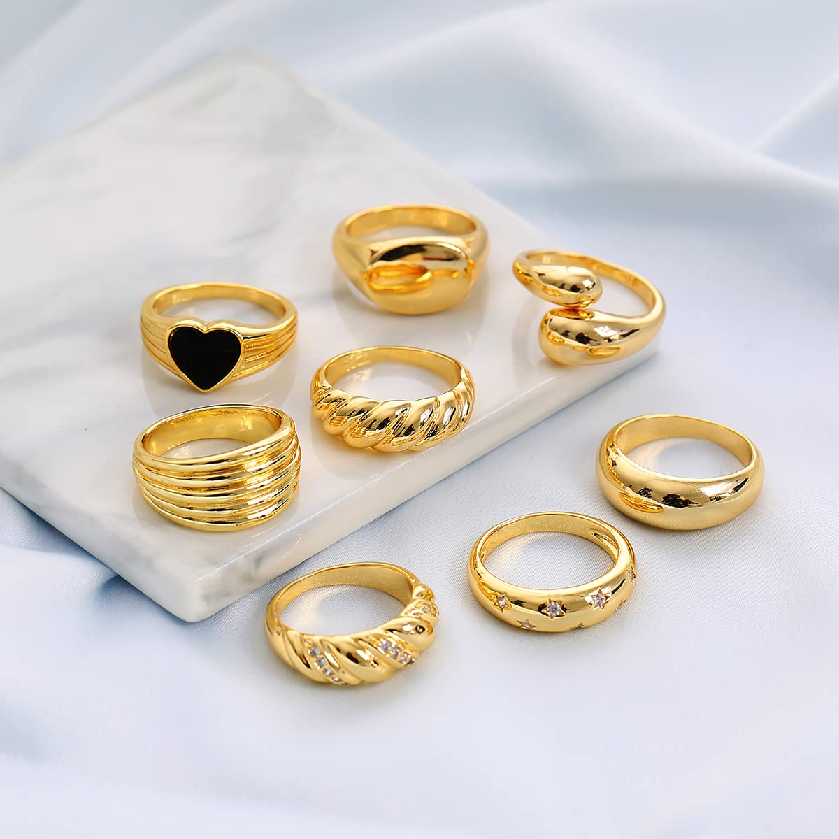 WFYOU 8PCS 18K Gold Plated Chunky Rings for Women Thick Dome Chunky Gold Ring Set Croissant Signet Minimalist Statement Ring Jewelry Size 5-9