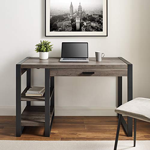 Walker Edison Modern Industrial Computer Gaming Desk Office Storage Shelves and Drawer with Electrical Outlet Home Office, 48 Inch, Grey Wash
