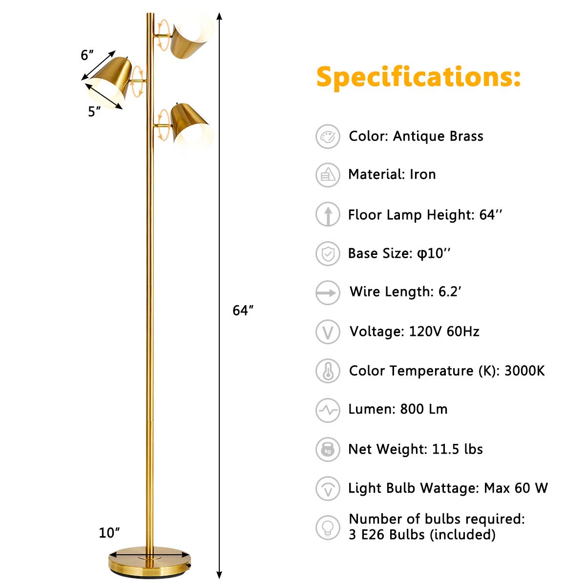 Tangkula 3-Light Floor Lamp, 64β Mid Century Modern Standing Tall Pole Lamp with 3 LED Bulbs and Adjustable Heads, Reading Light for Living Room Bedroom, 360 Lighting (Antique Brass)