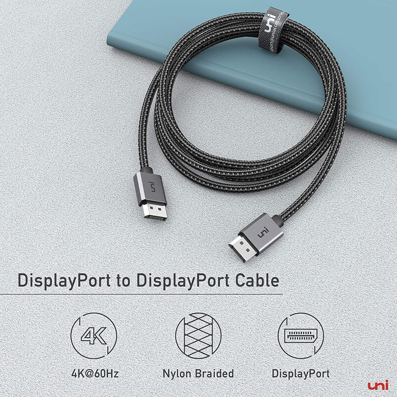 uni 4K 60Hz Displayport Cable 3.3 ft [2K@165Hz / 144Hz], Sturdy Nylon Braided DP 1.2 Cable (20 Pin Inactive), Dislay Port Cable, for Graphics Cards, Gaming Monitors, Computers - Grey