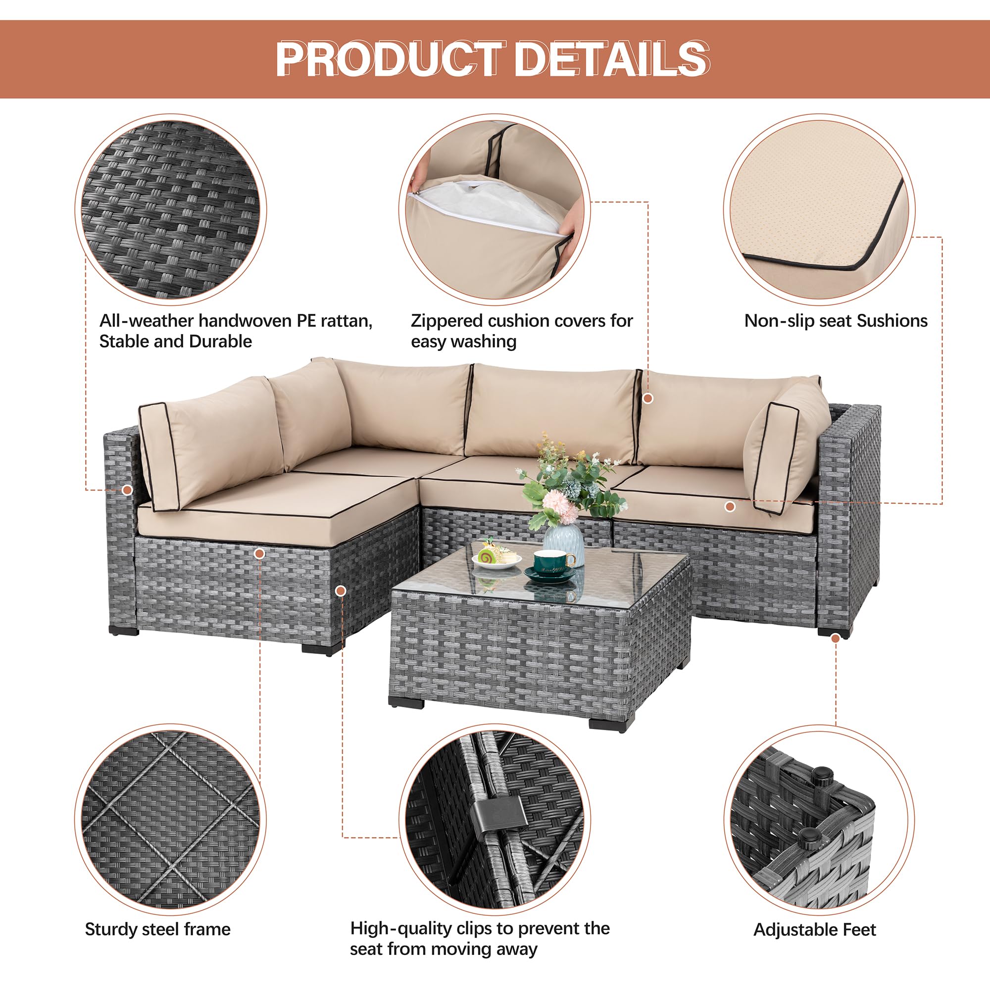 Walsunny Patio Furniture Set, 5 Pieces Outdoor Sectional Sofa Wicker Conversation Sets with Tea Table and Patio Couch Cushions(Khaki)
