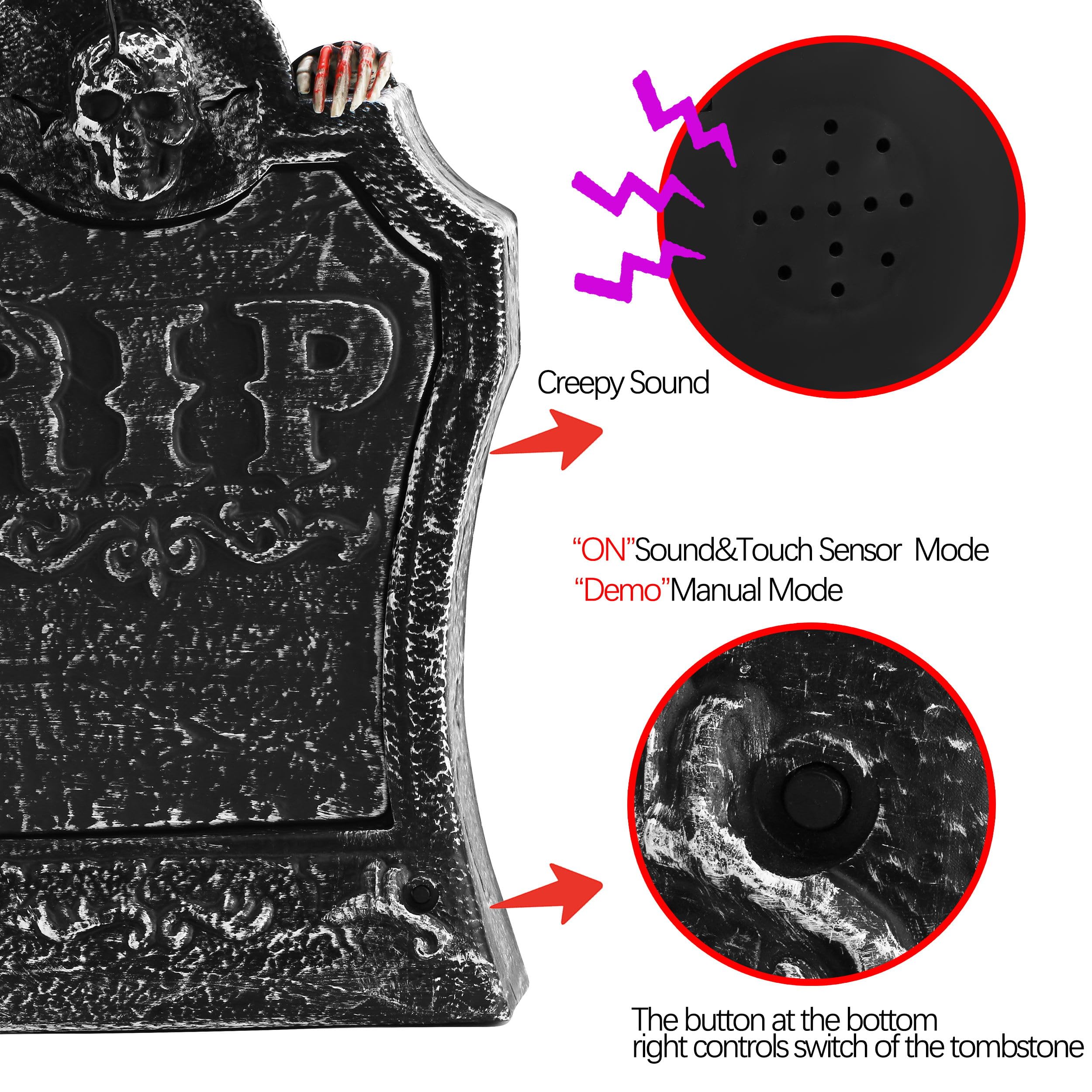 Spooky Sound-Activated Halloween Outdoor Decoration, Animated Tombstone with Lifting Ghost and Vocal Lights
