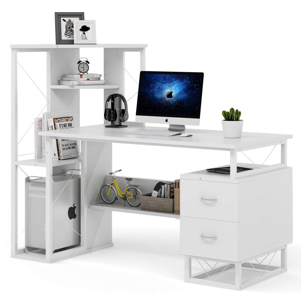 Tribesigns Computer Desk with Drawers, Functional Writing Desk with Corner Tower Shelves Works as Home Office Compact Workstation Desk for Small Space (All White)
