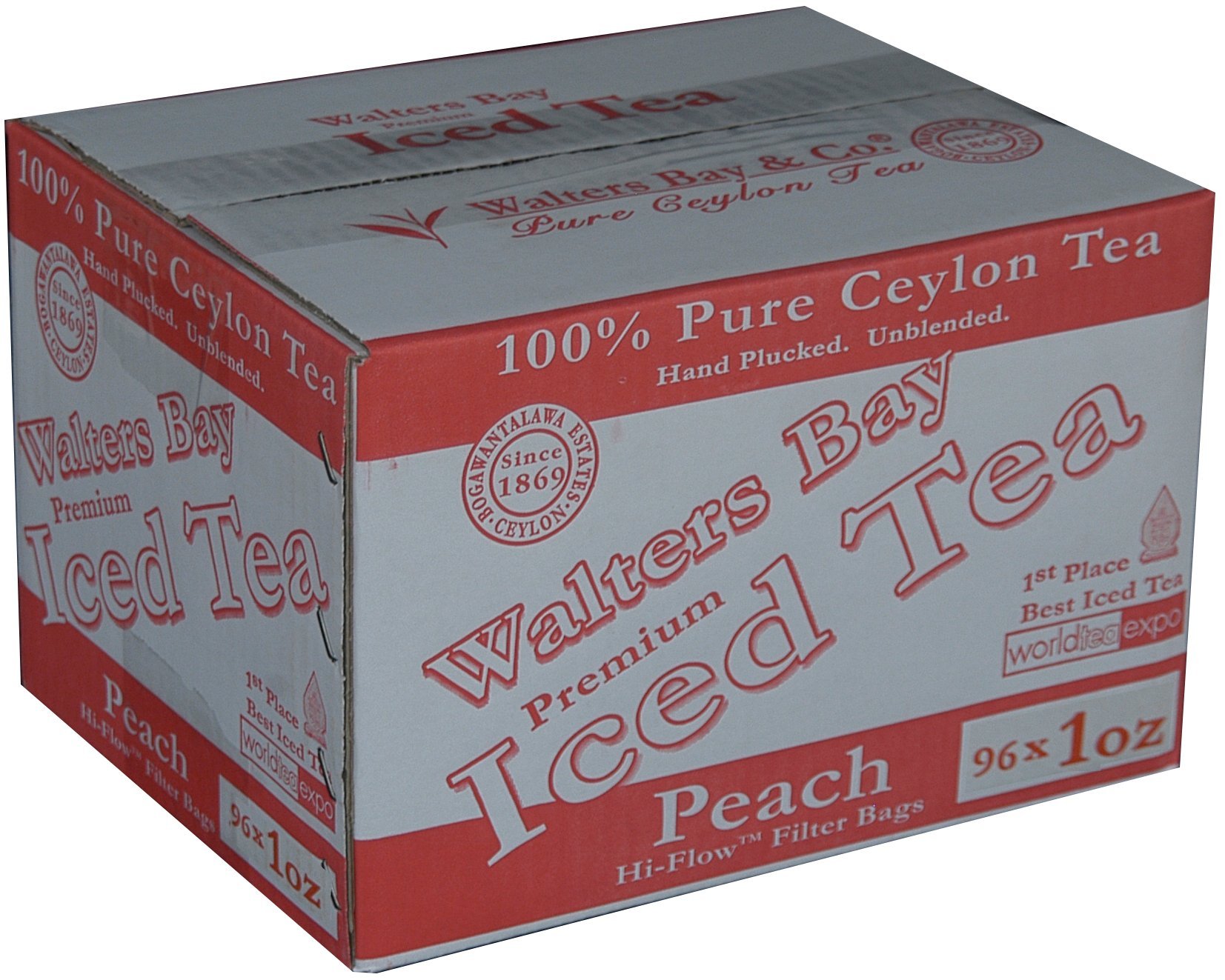 Walters Bay Peach Iced Tea, Ceylon Black Tea, 96 Count, 1 Gallon Sized Tea Bags, Southern Peach Flavored, Unsweetened, Wholesale, Foodservice, Sri Lankan Tea