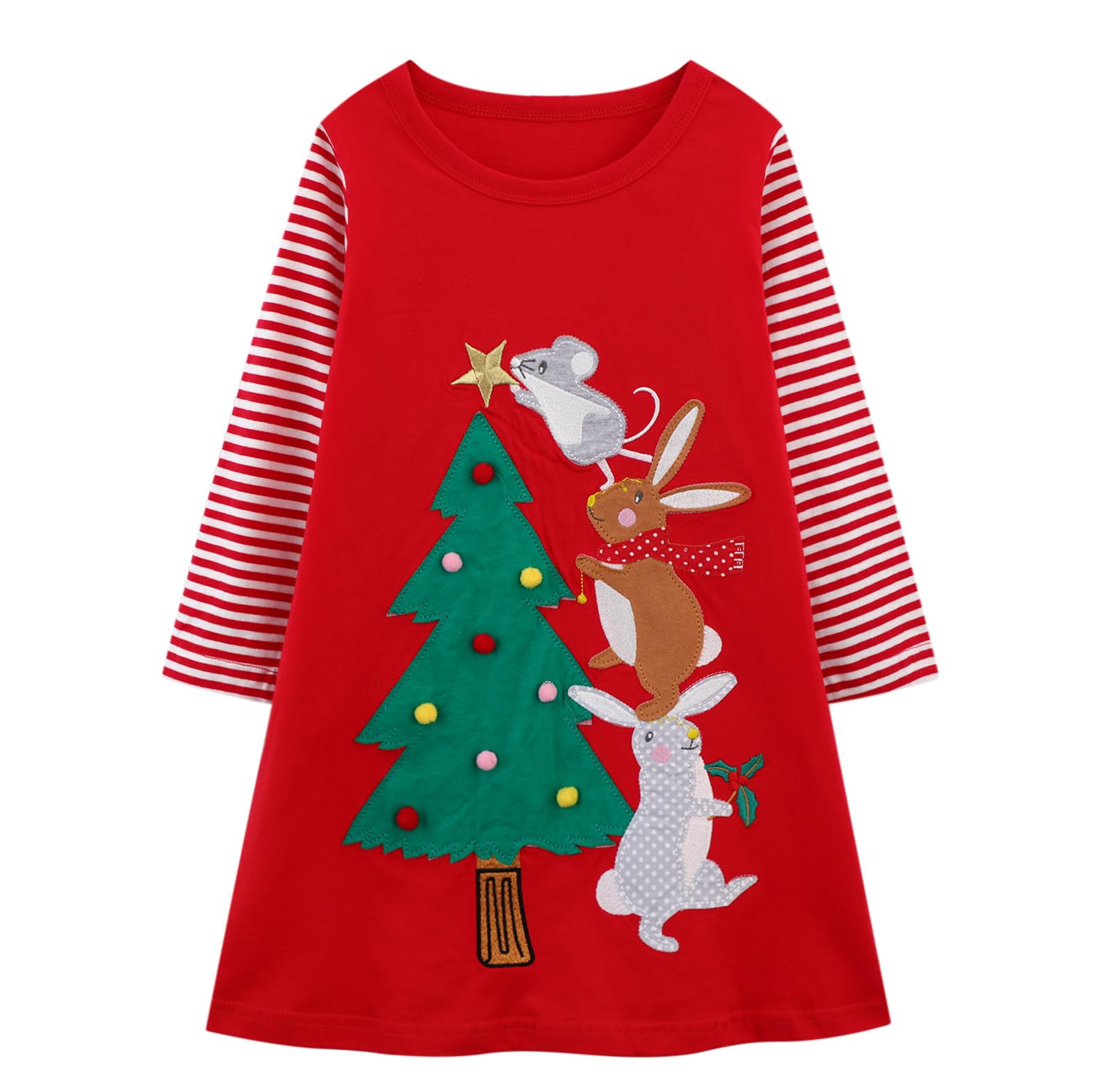 Toddler Girl Christmas Dress Long Sleeve Cotton Casaul Red Applique Playwear Shirt Jersey Party Dresses 4T