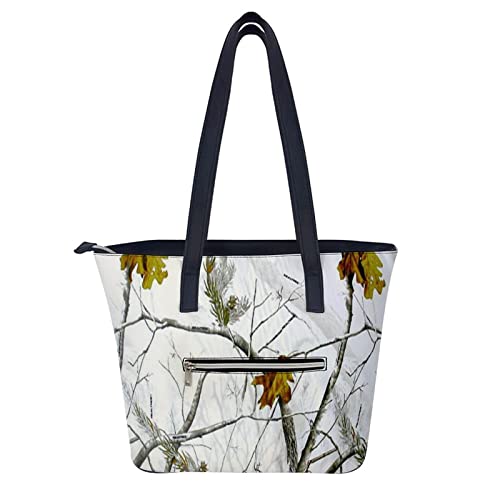 White Tree Camo Women's Tote Bag PU Leather Shoulder Bag Handbags Purse For Work Shopping Travel