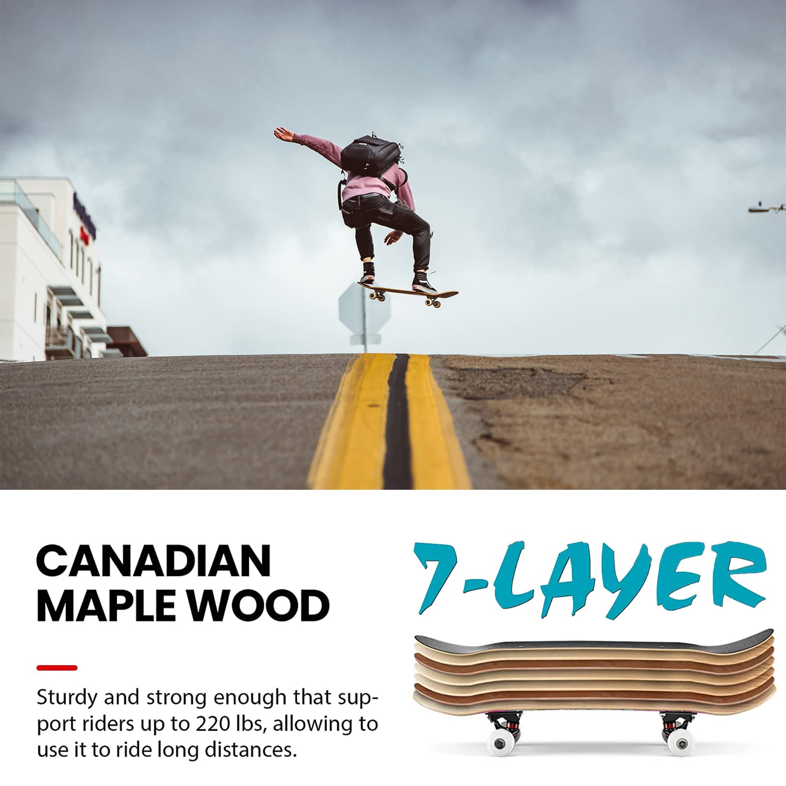 Skateboards for Beginners, 31 Inch Complete Skateboard for Kids Teens Adults, 7 Layer Canadian Maple Double Kick Deck Concave Cruiser Trick Skateboard