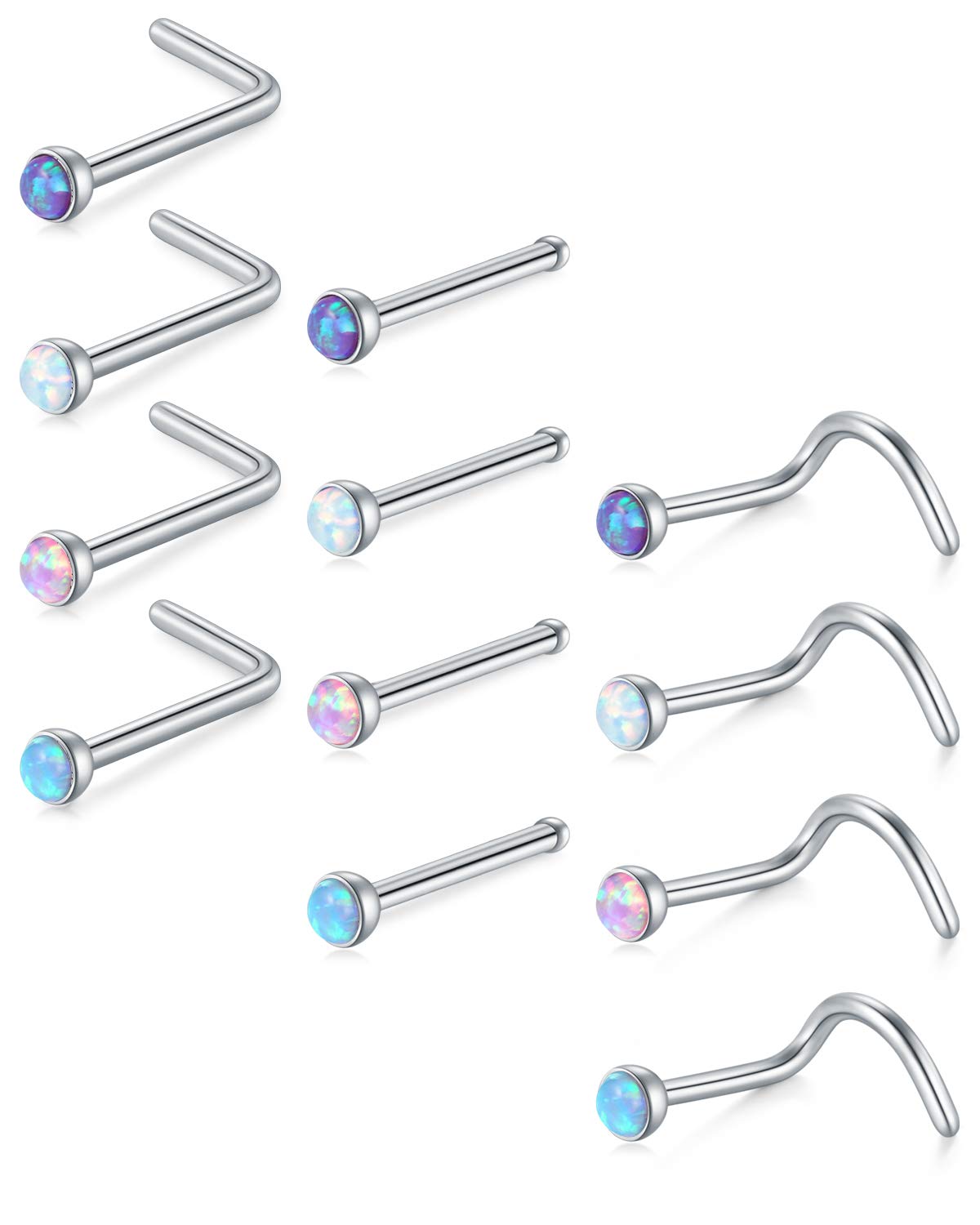 WillTen Nose Studs Nose Rings Studs Surgical Stainless Steel 20G Nose Studs for Women L Shaped Nose Stud Screw Corkscrew Nose Rings Bone Pin Nose Piercings 2mm 3mm CZ Opal Nose Nostril Piercing