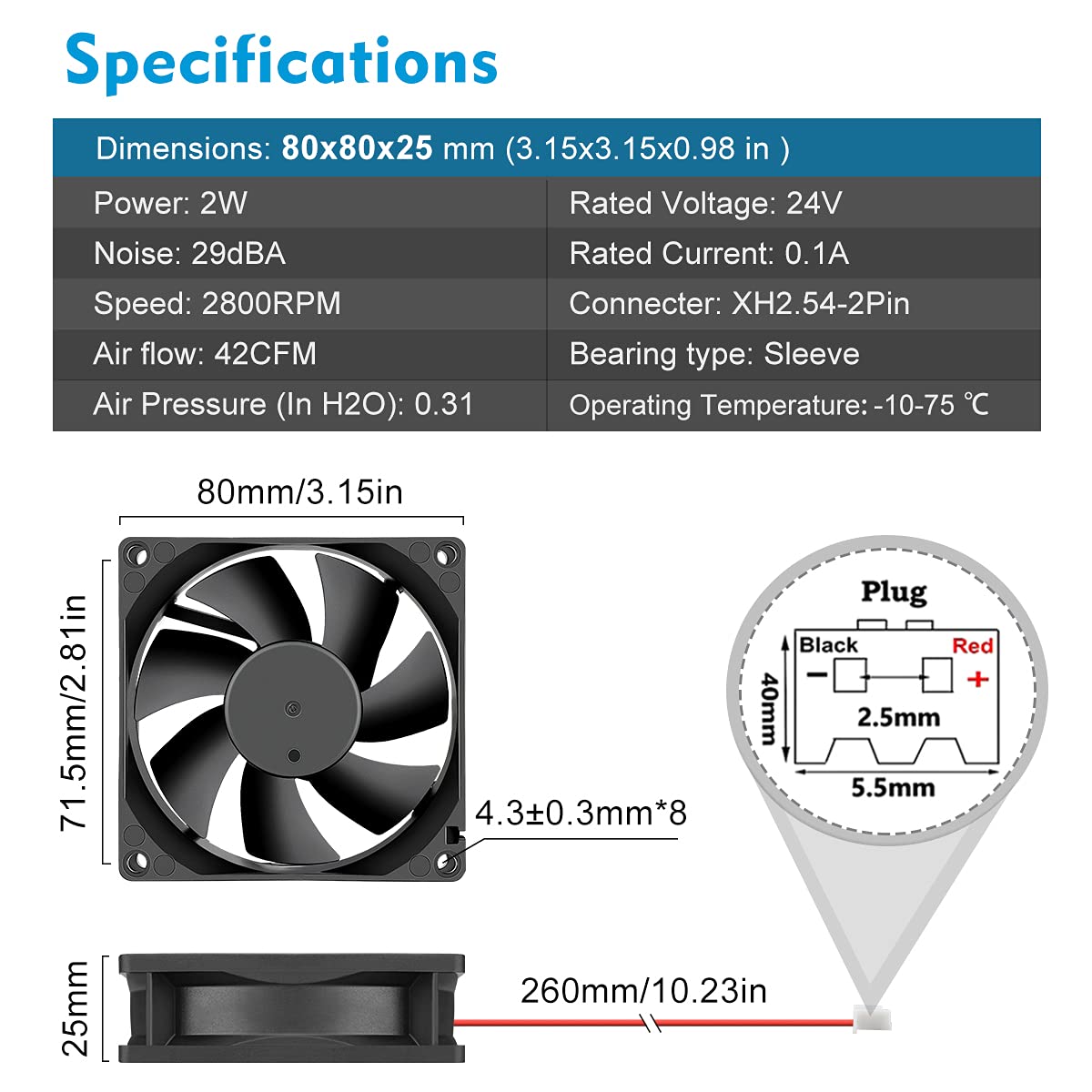 Wathai 80mm 24V DC Cooling Fan 2Pin 24Volt 80mm x 25mm Brushless 3 Inch Fan High Speed for DIY Ventilation Exhaust Projects Cooling 2 Pack