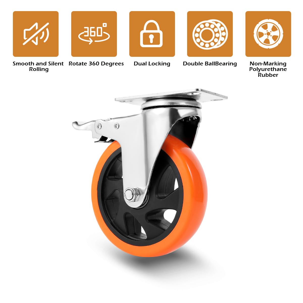 W B D WEIBIDA 5 inch Swivel Caster Wheels with Dual Locking, Heavy Duty Castors Set of 4, Silent Rolling, Top Plate Casters for Cart, Workbench, Furniture (Hardware Kits)
